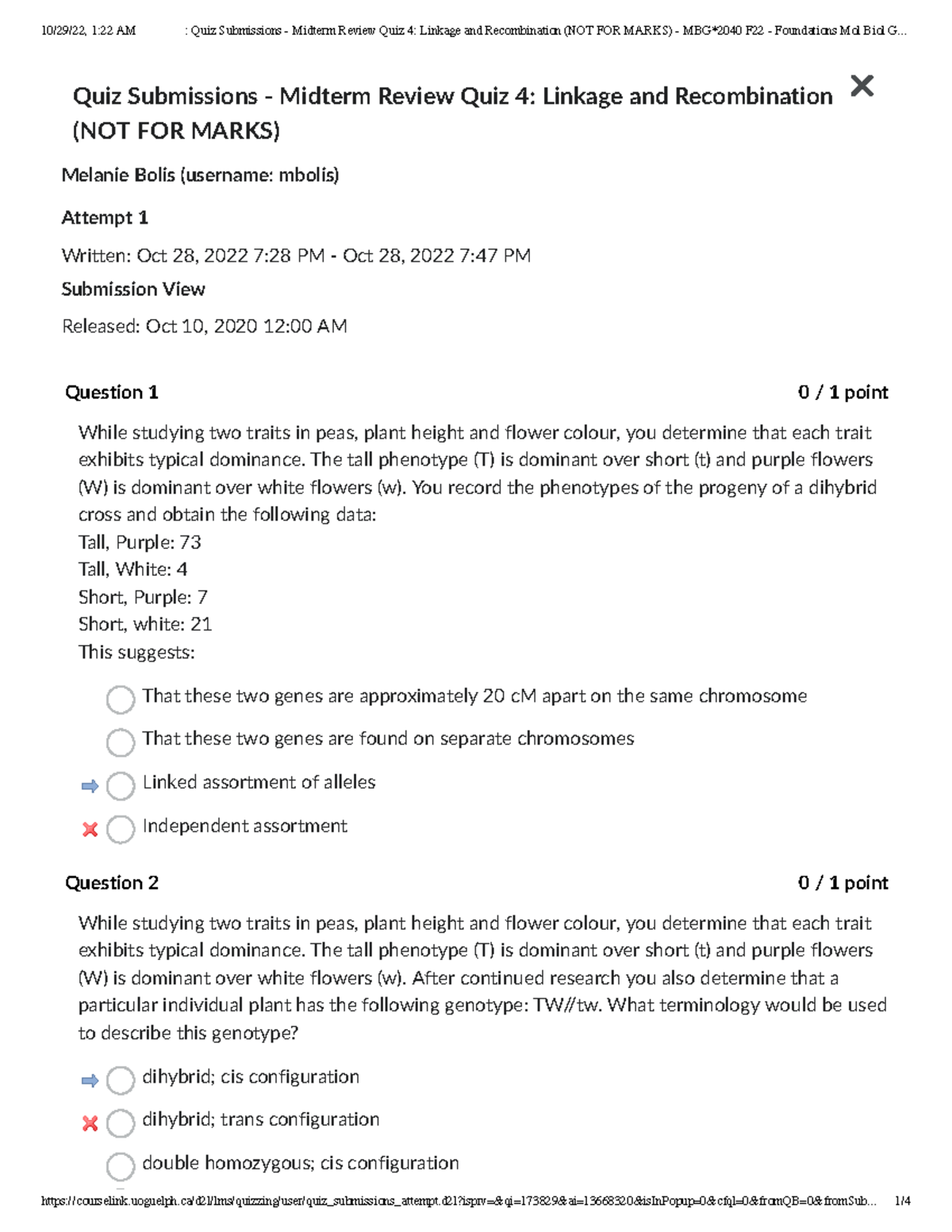 Quiz Submissions - Midterm Review Quiz 4 Linkage and Recombination (NOT ...