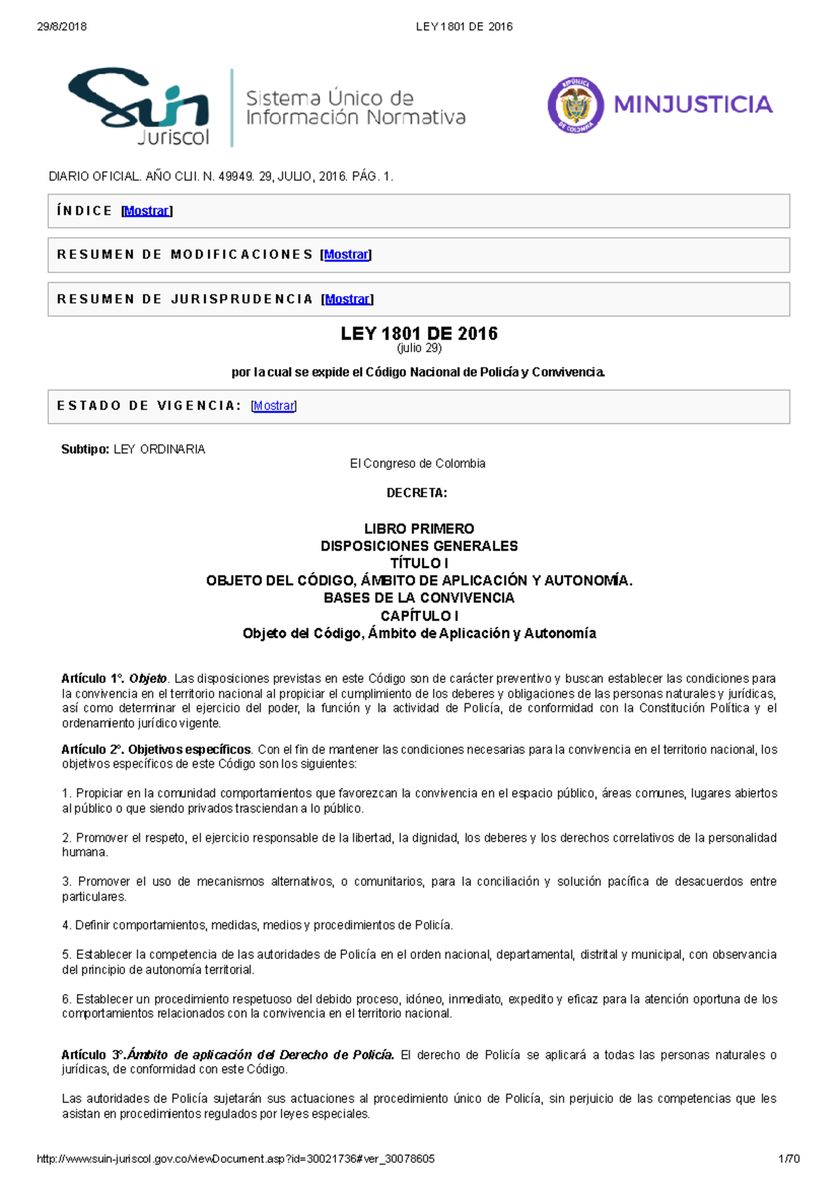 Colombia LEY 1801 DE 2016 - DIARIO OFICIAL. AÑO CLII. N. 49949. 29 ...