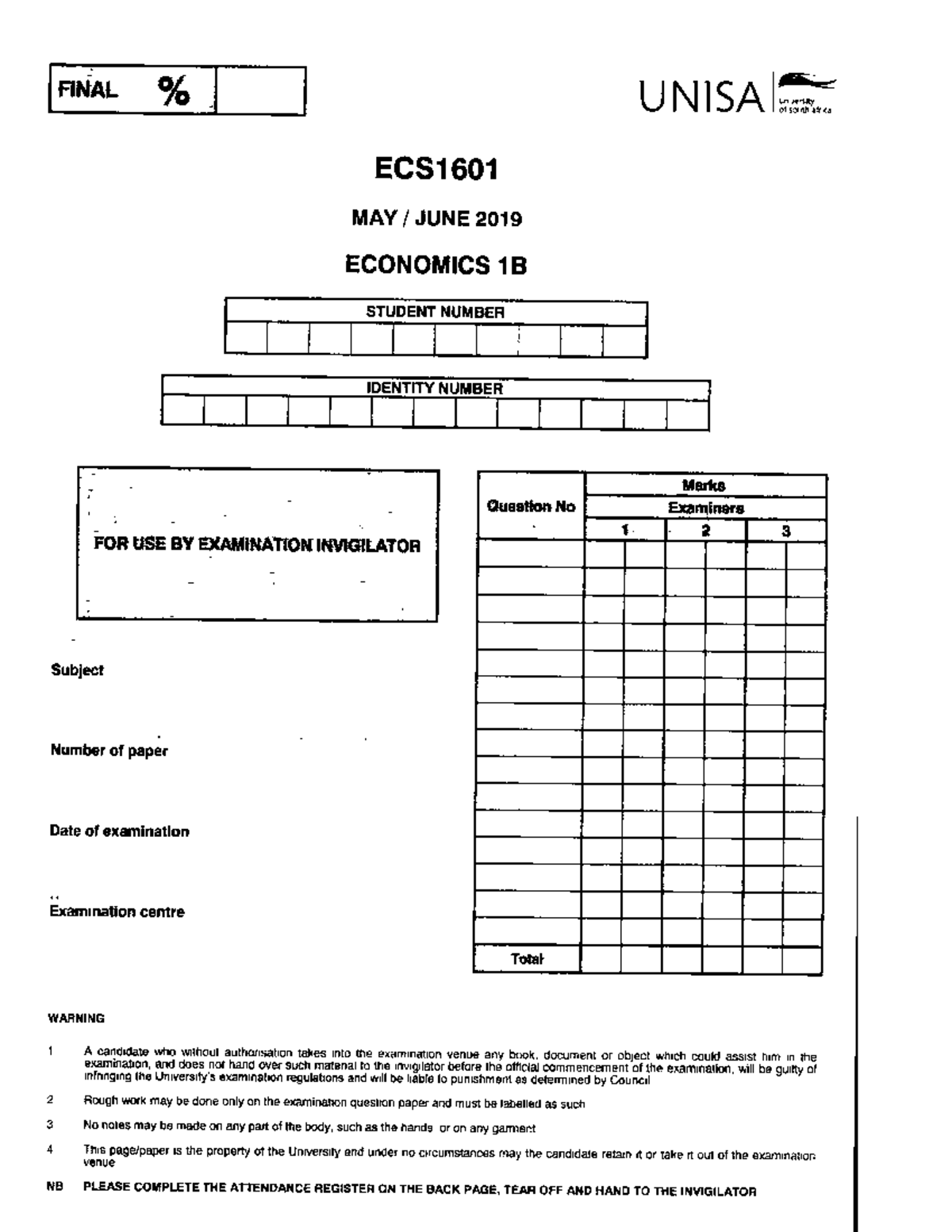 Exam 1 June 2019, questions - ECS1601 - Studocu