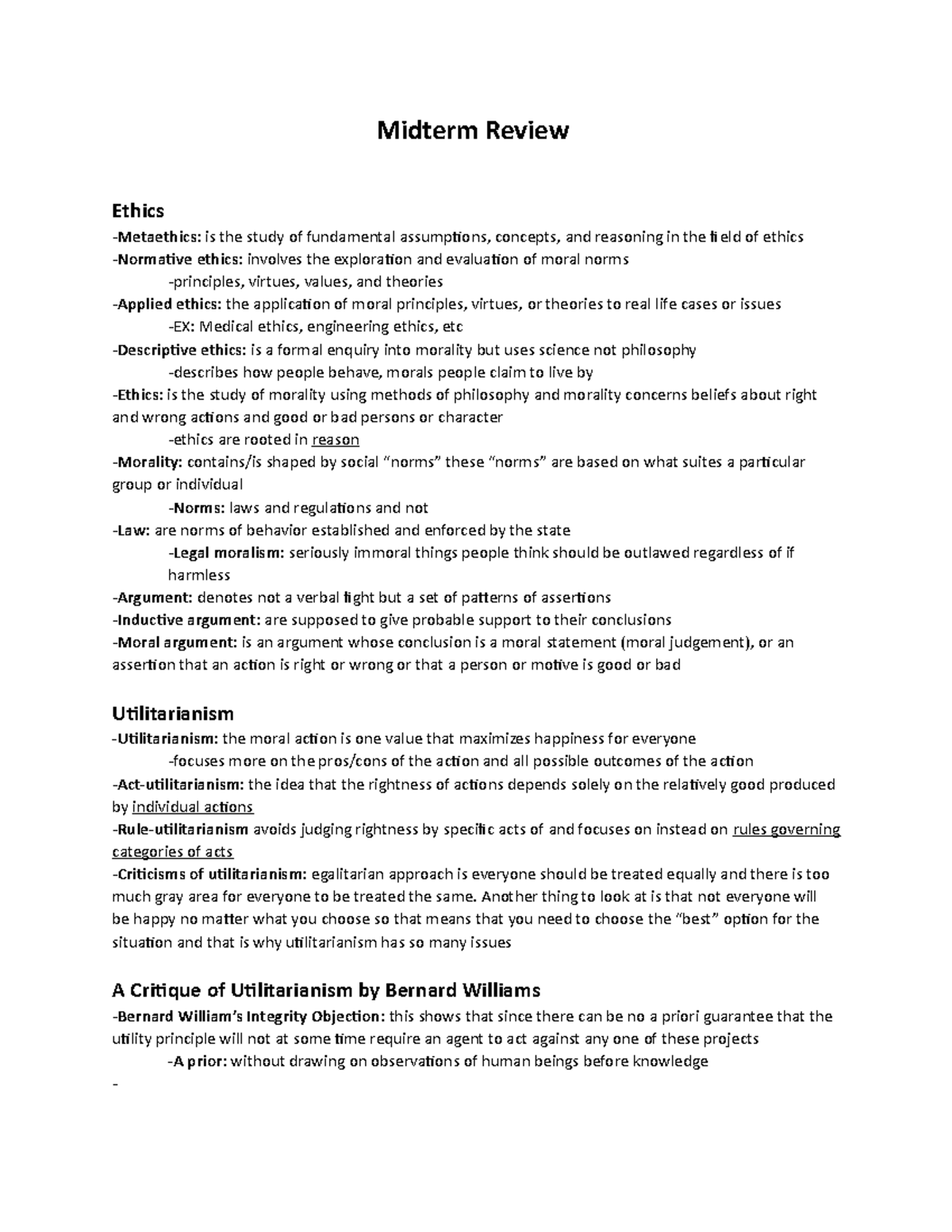 Midterm review - Midterm Review Ethics Metaethics: is the study of ...