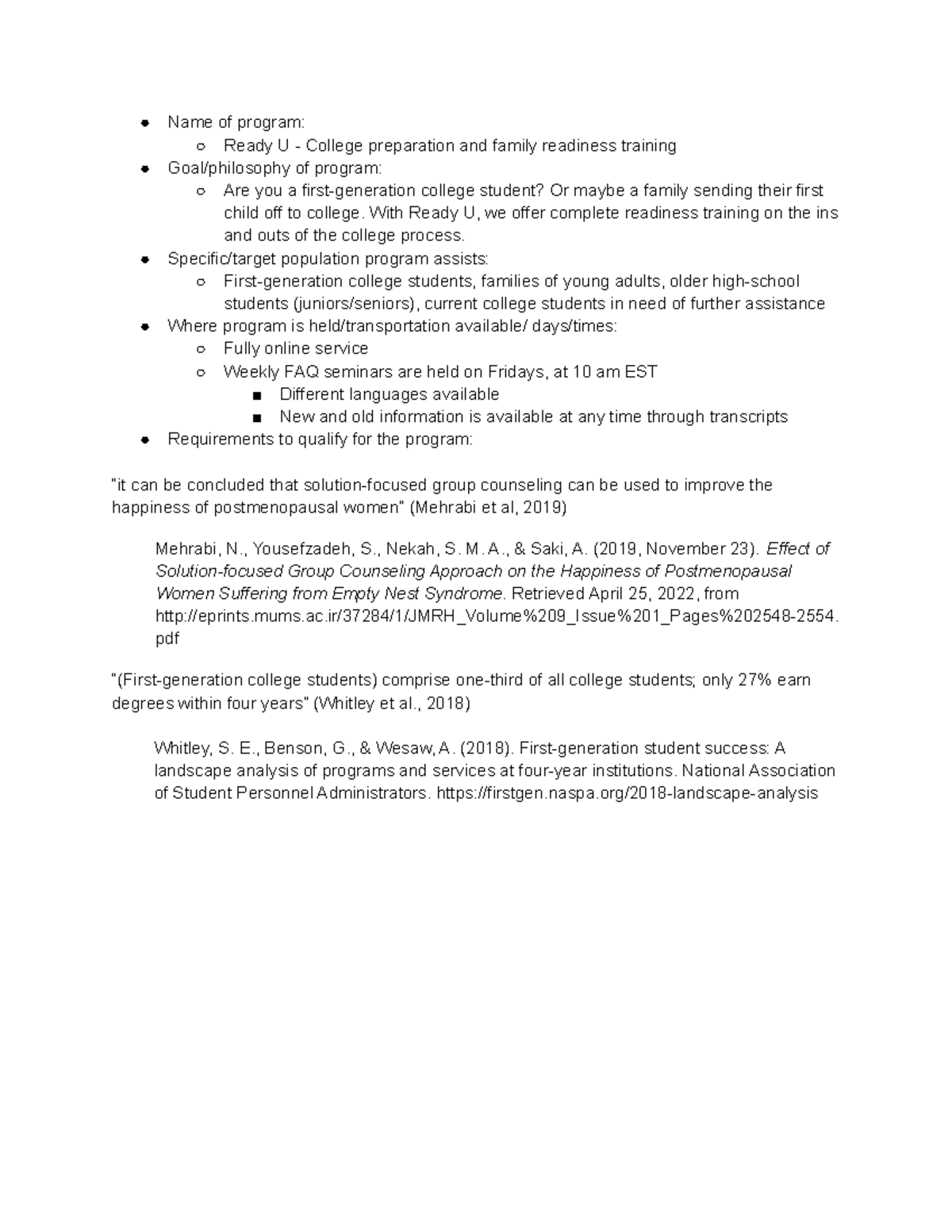 Final Project Prep - Name of program: Ready U - College preparation and ...