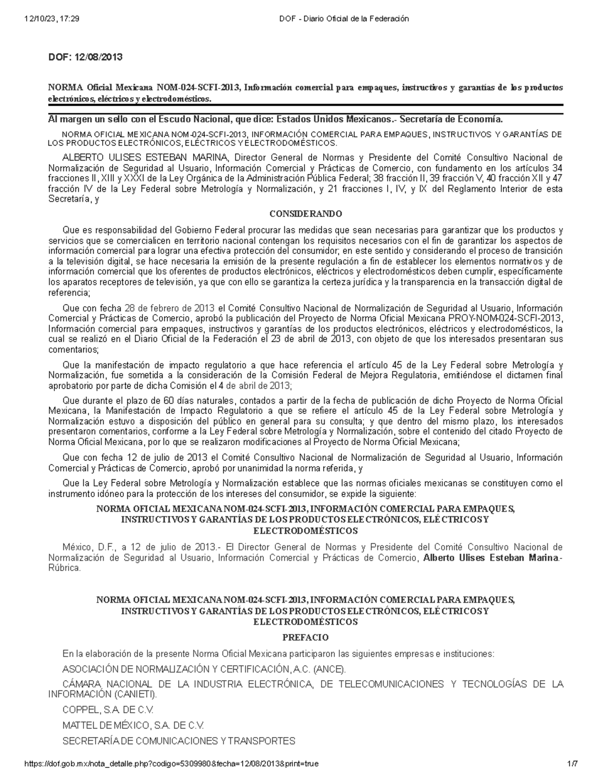DOF - 024 - NOM-024-SCFI-2013 - DOF: 12/08/ NORMA Oficial Mexicana NOM ...