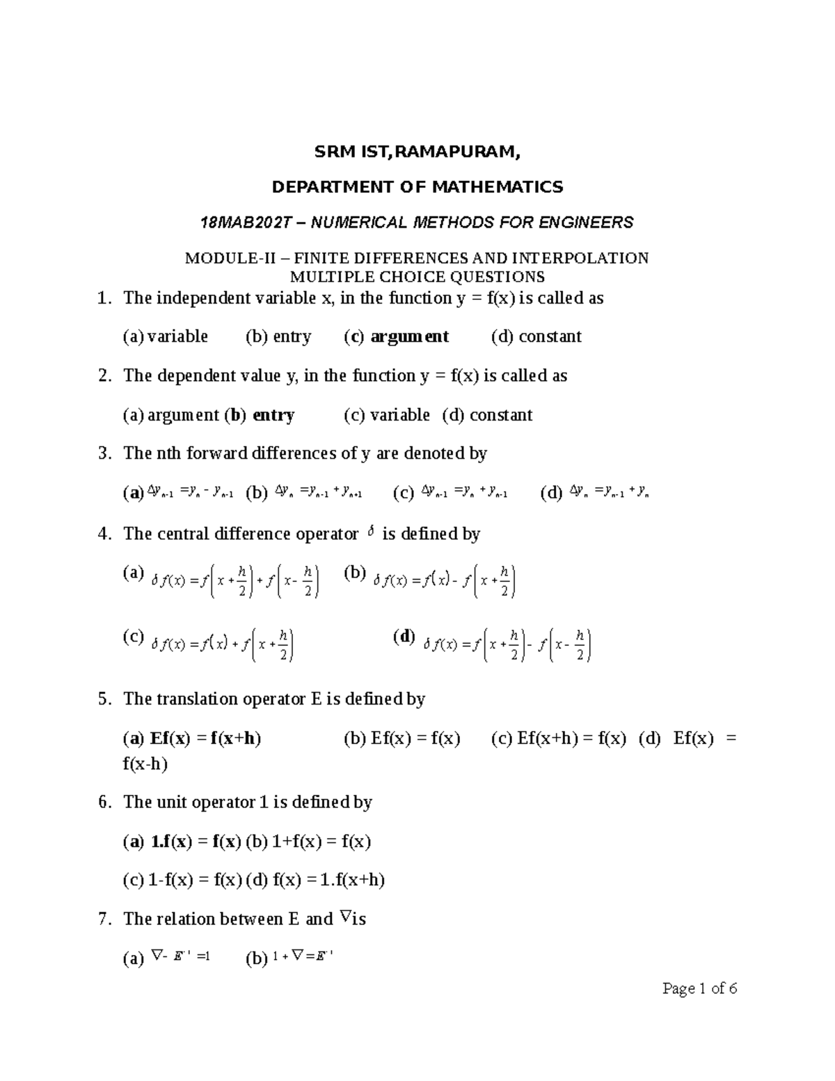 Module-II-Finite Differences and Interpolation - SRM IST,RAMAPURAM, DEPARTMENT OF MATHEMATICS ...