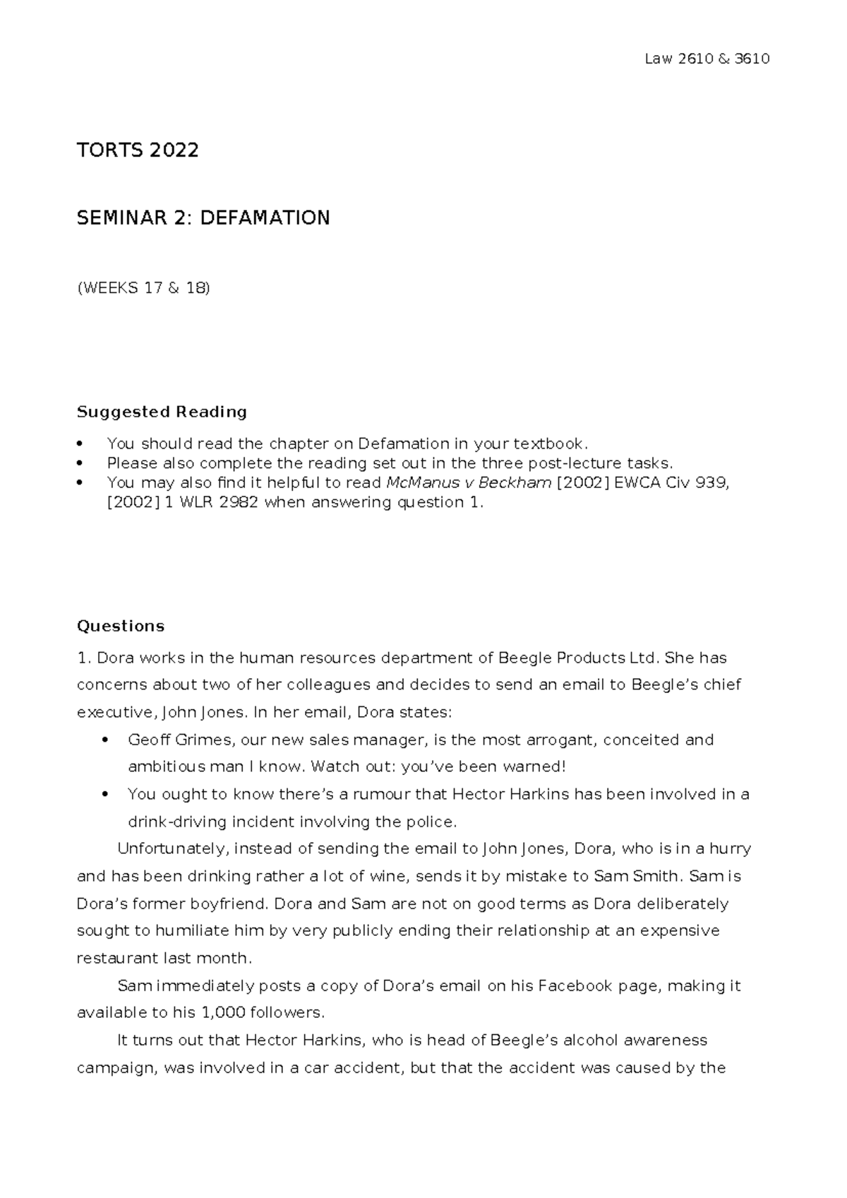 Defamation Seminar - Tort Law - TORTS 2022 SEMINAR 2: DEFAMATION (WEEKS ...