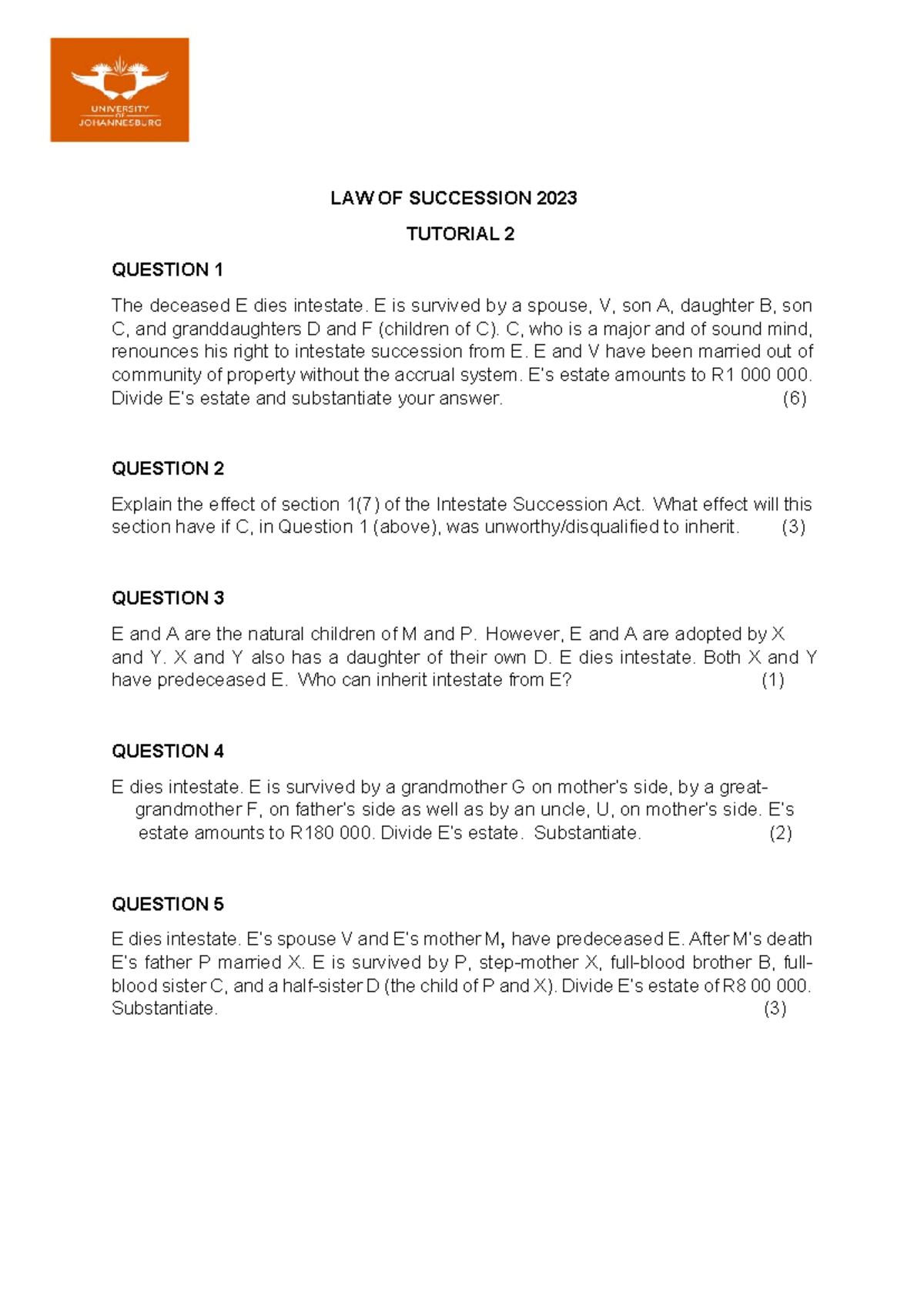 Tutorial 2 - practice material - LAW OF SUCCESSION 2023 TUTORIAL 2 ...