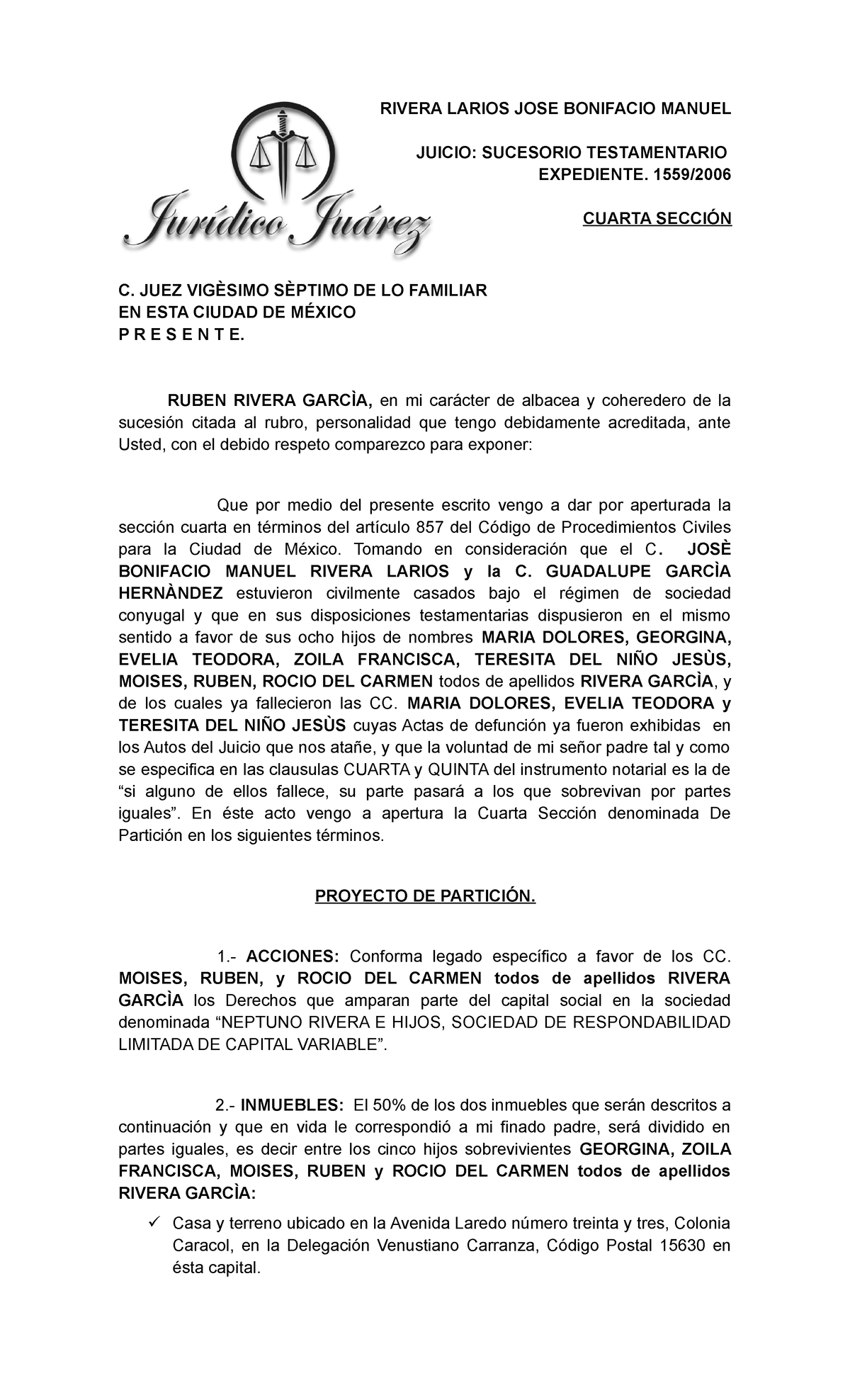 Cuarta Seccion Denominado Proyecto De Particion Rivera Larios Jose