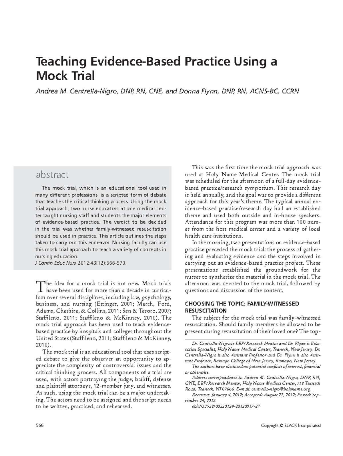 Teaching Evidence-Based Practice Article - 566 Copyright © S L ACK I ...
