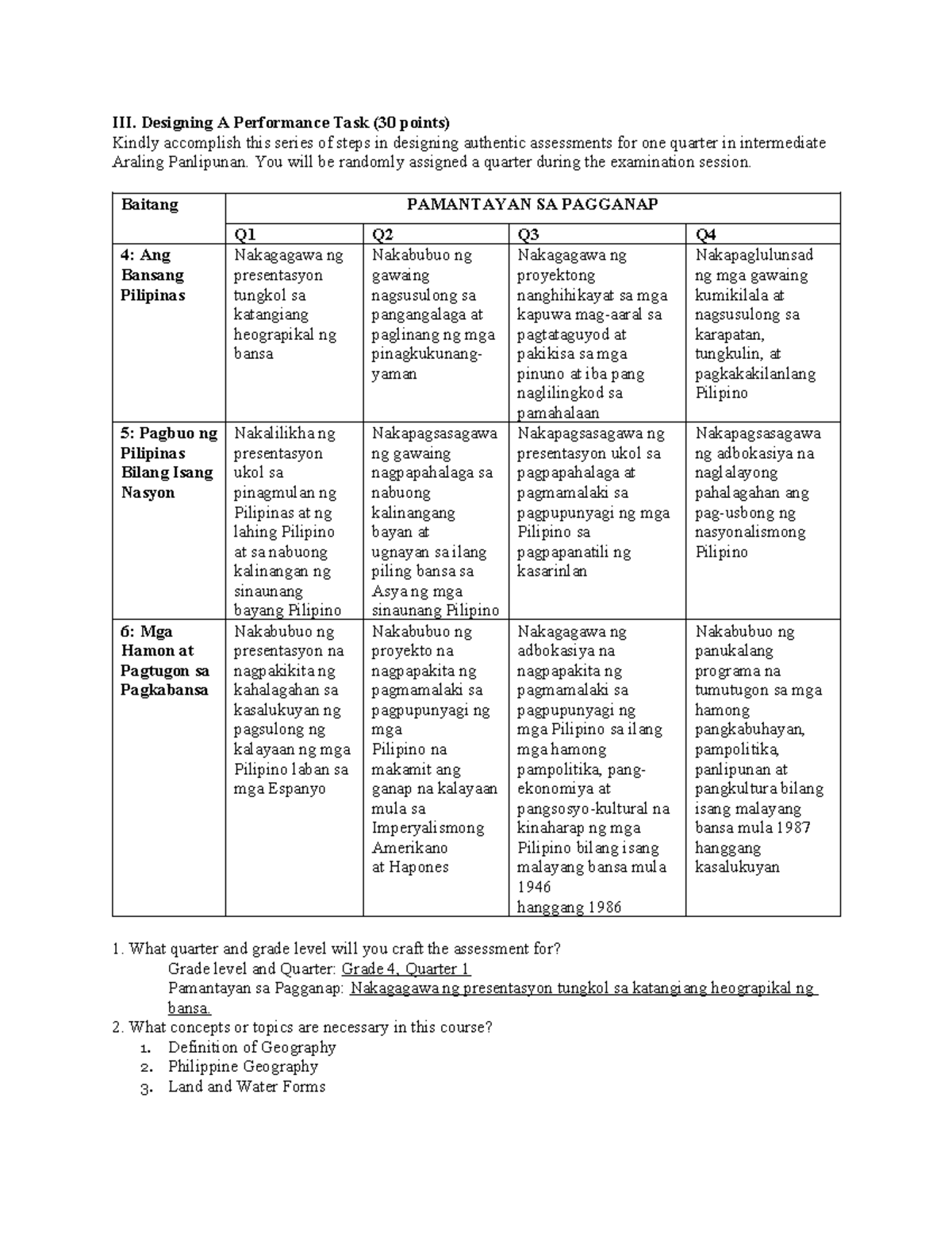 Performance Task Grasps - III. Designing A Performance Task (30 points ...