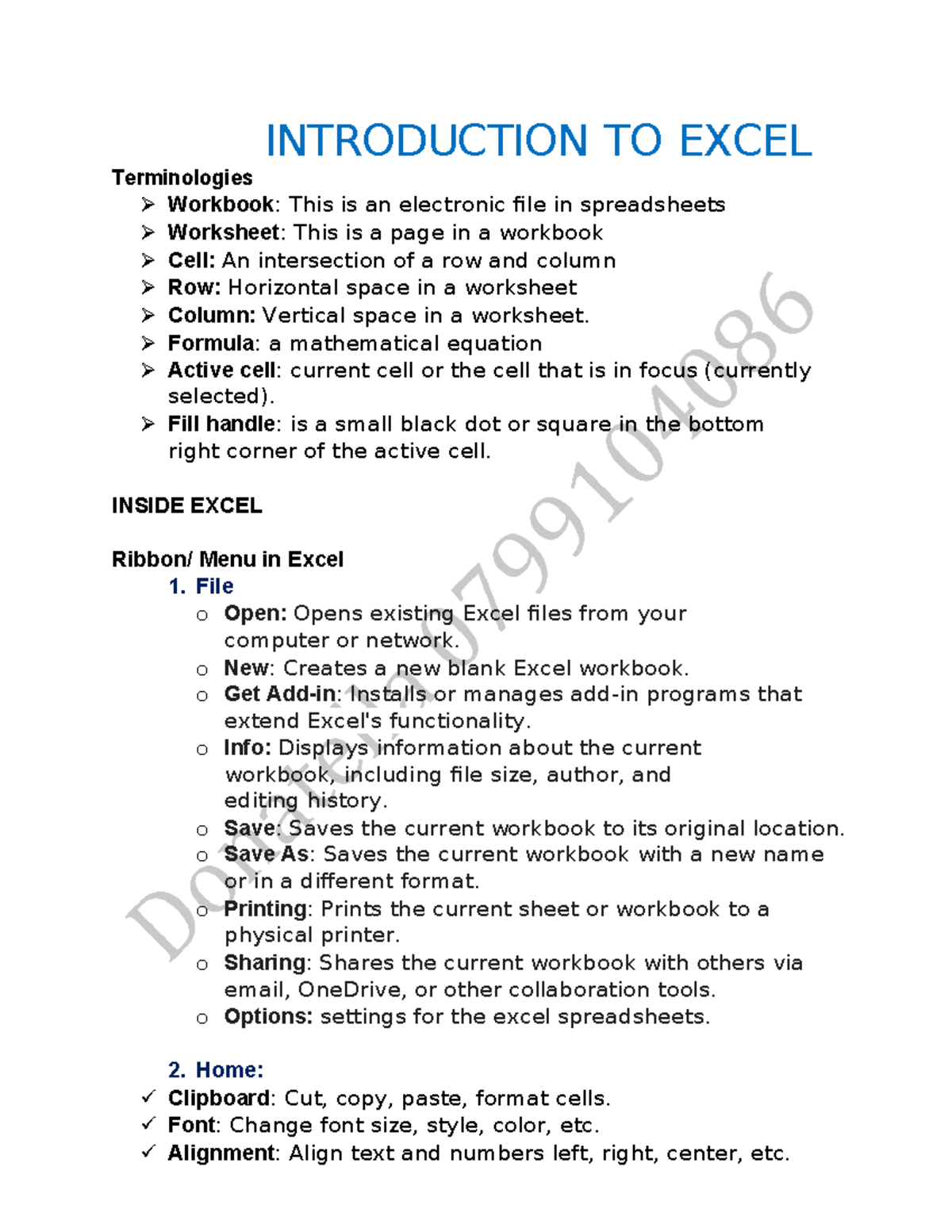 Introduction TO Excel - Terminologies INTRODUCTION TO EXCEL Workbook ...