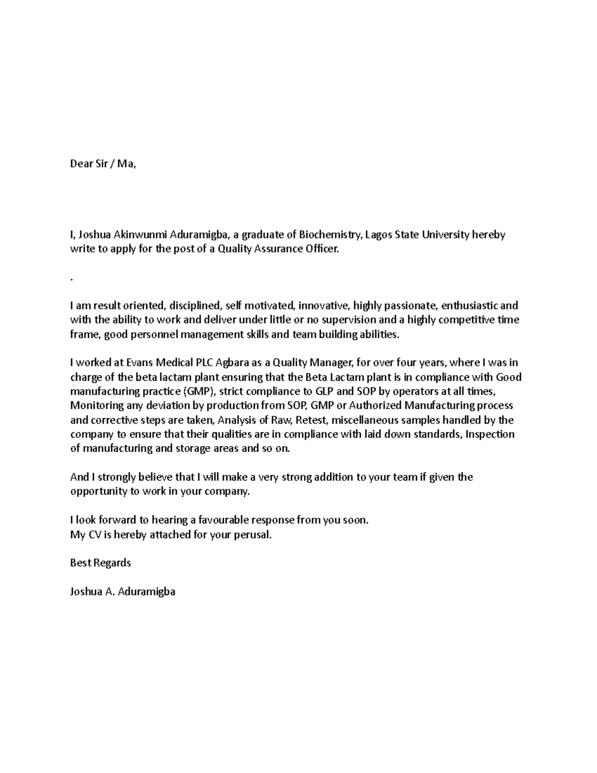 Cover Letter - Dear Sir / Ma, I, Joshua Akinwunmi Aduramigba, a ...