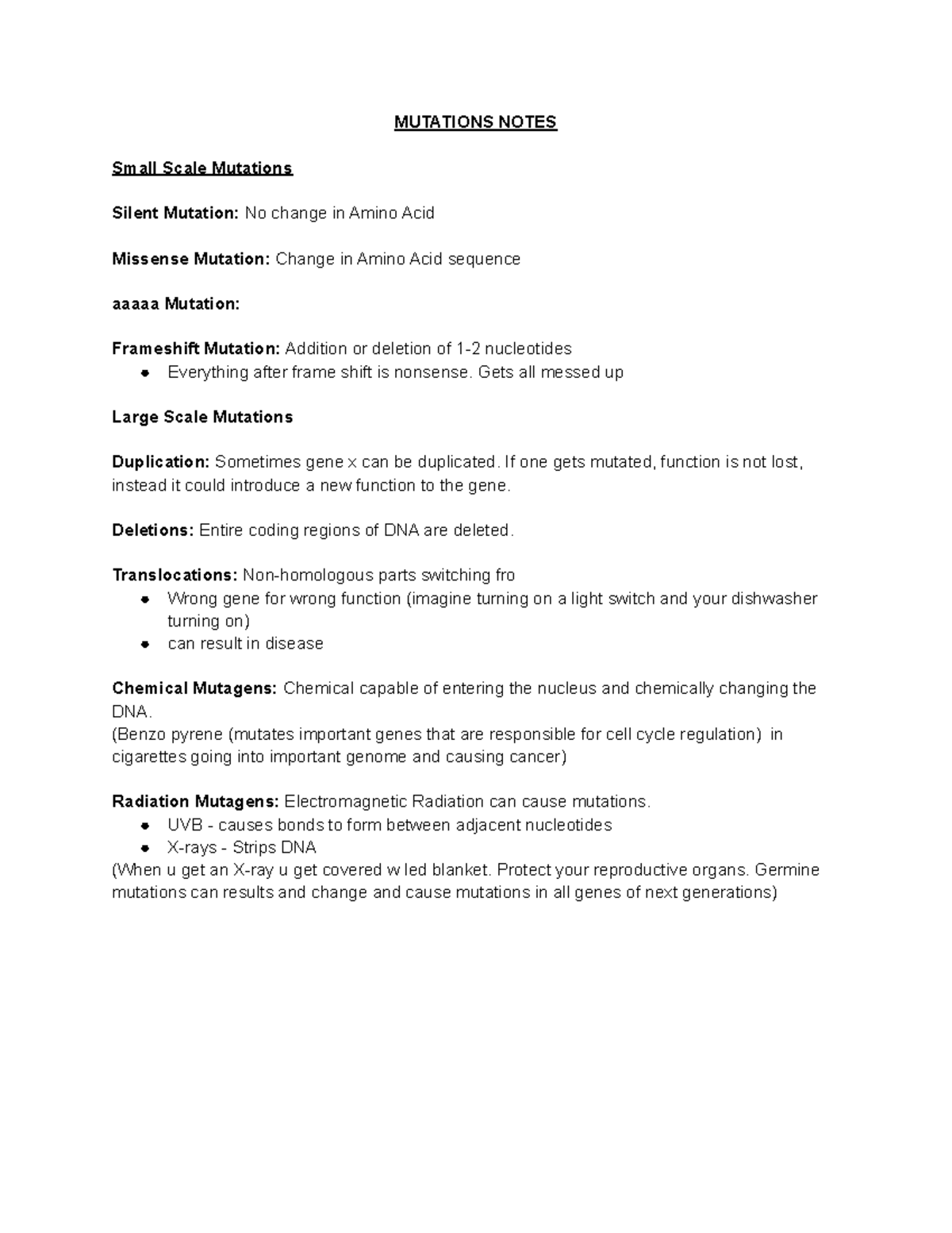 Biology - Genetics Mutations - MUTATIONS NOTES Small Scale Mutations ...