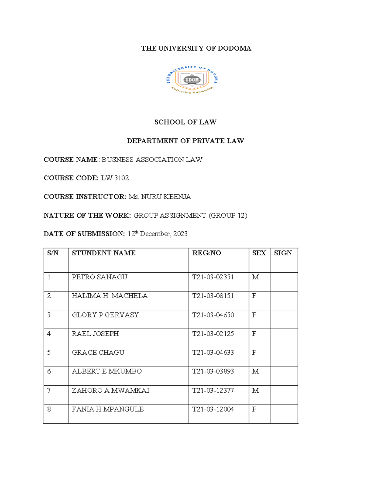 Cooperative legal aspects - THE UNIVERSITY OF DODOMA SCHOOL OF LAW ...