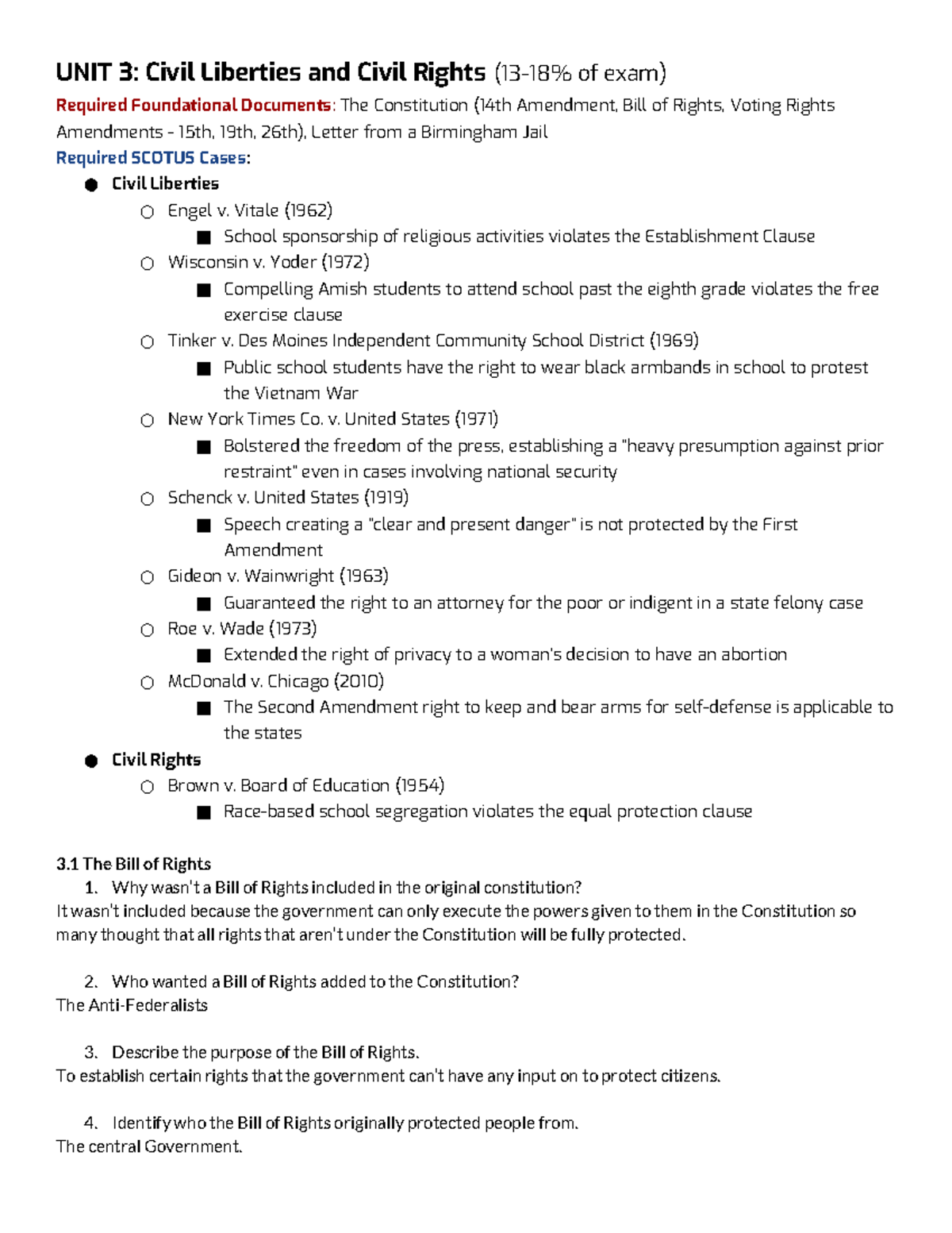 Copy of Wallace Unit 3 Review Handout - UNIT 3: Civil Liberties and ...