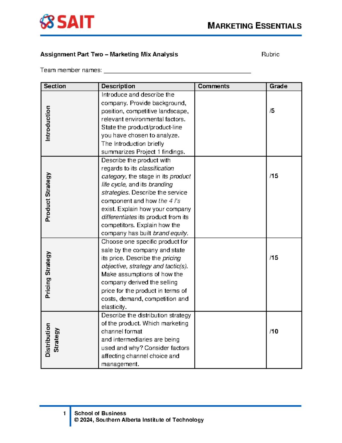 Group Project 2 - Marketing Mix Rubric - MARKETING ESSENTIALS 1 School ...