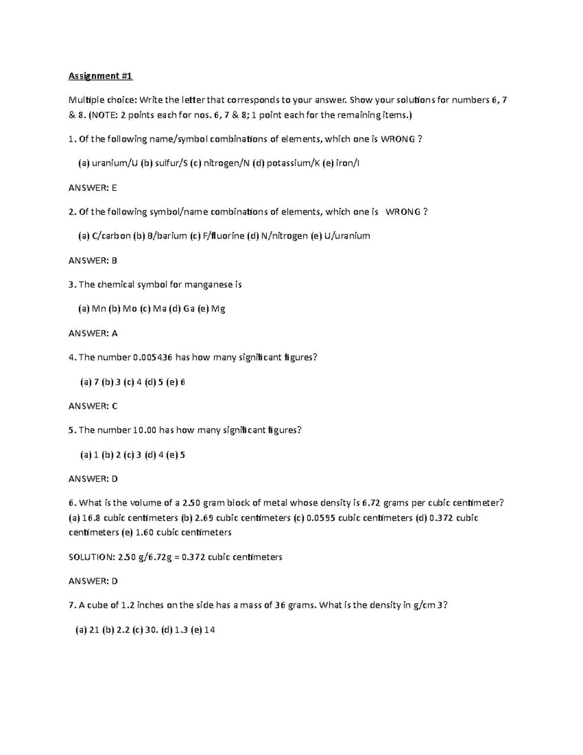 Assignment CHEM Dalis - Assignment # Multiple choice: Write the letter ...