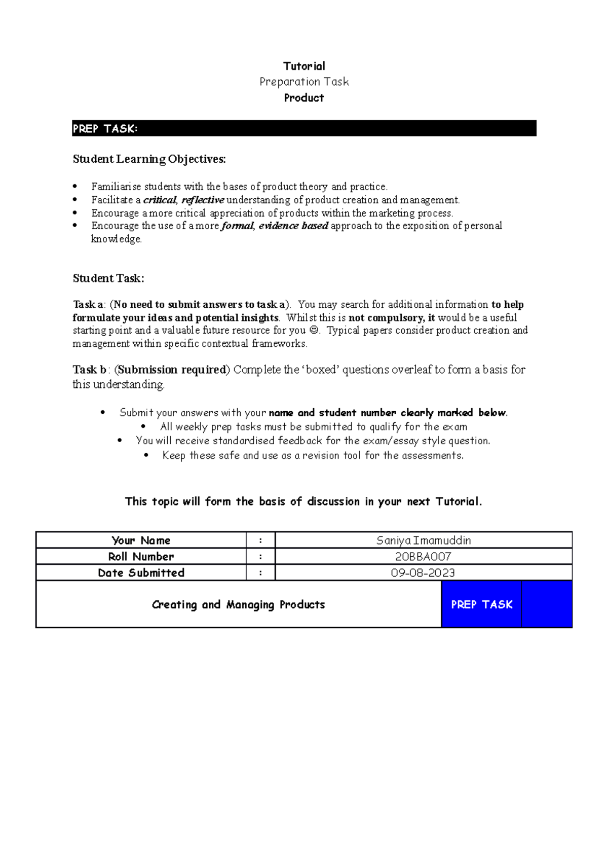 Marketing Management -Prep Task 01-Product-1 - Tutorial Preparation ...