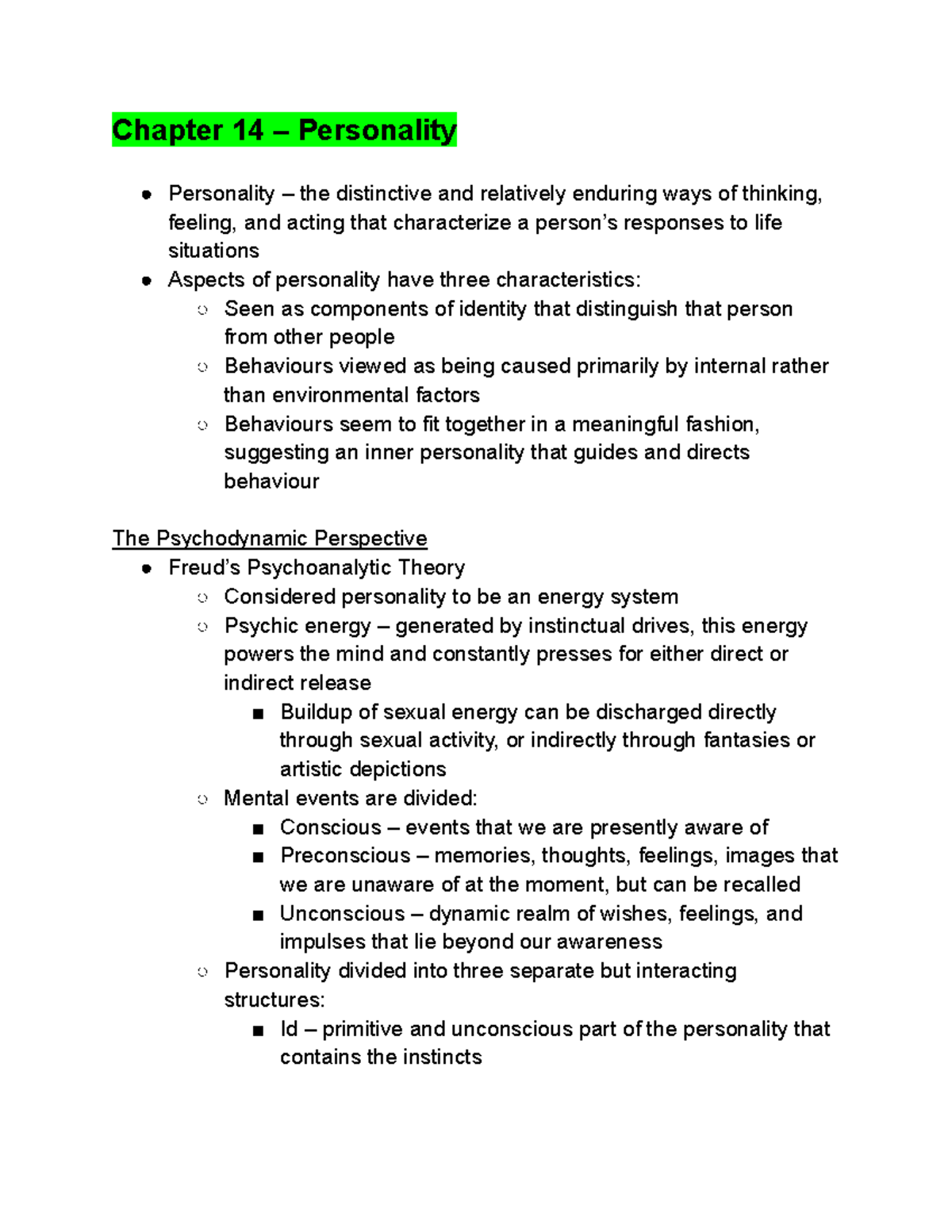 Ch14 15 psyc - Chapter 14 – Personality Personality – the distinctive ...
