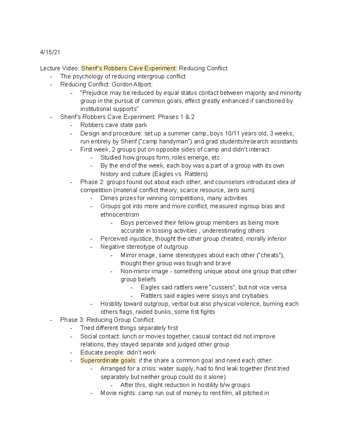 Social Psychology: Conflict - 4/15/ Lecture Video: Sherif’s Robbers ...