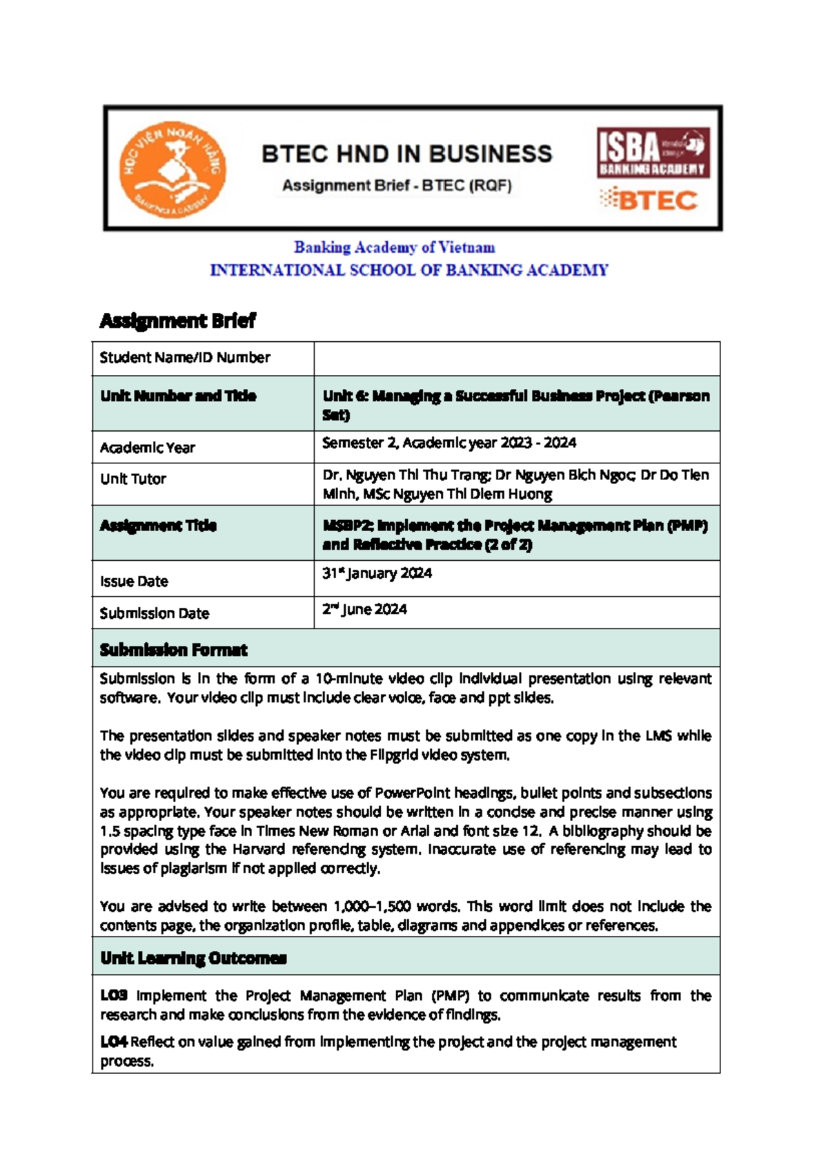 Assignment brief - Assignment Brief Student Name/ID Number Unit Number and Title Unit 6 ...