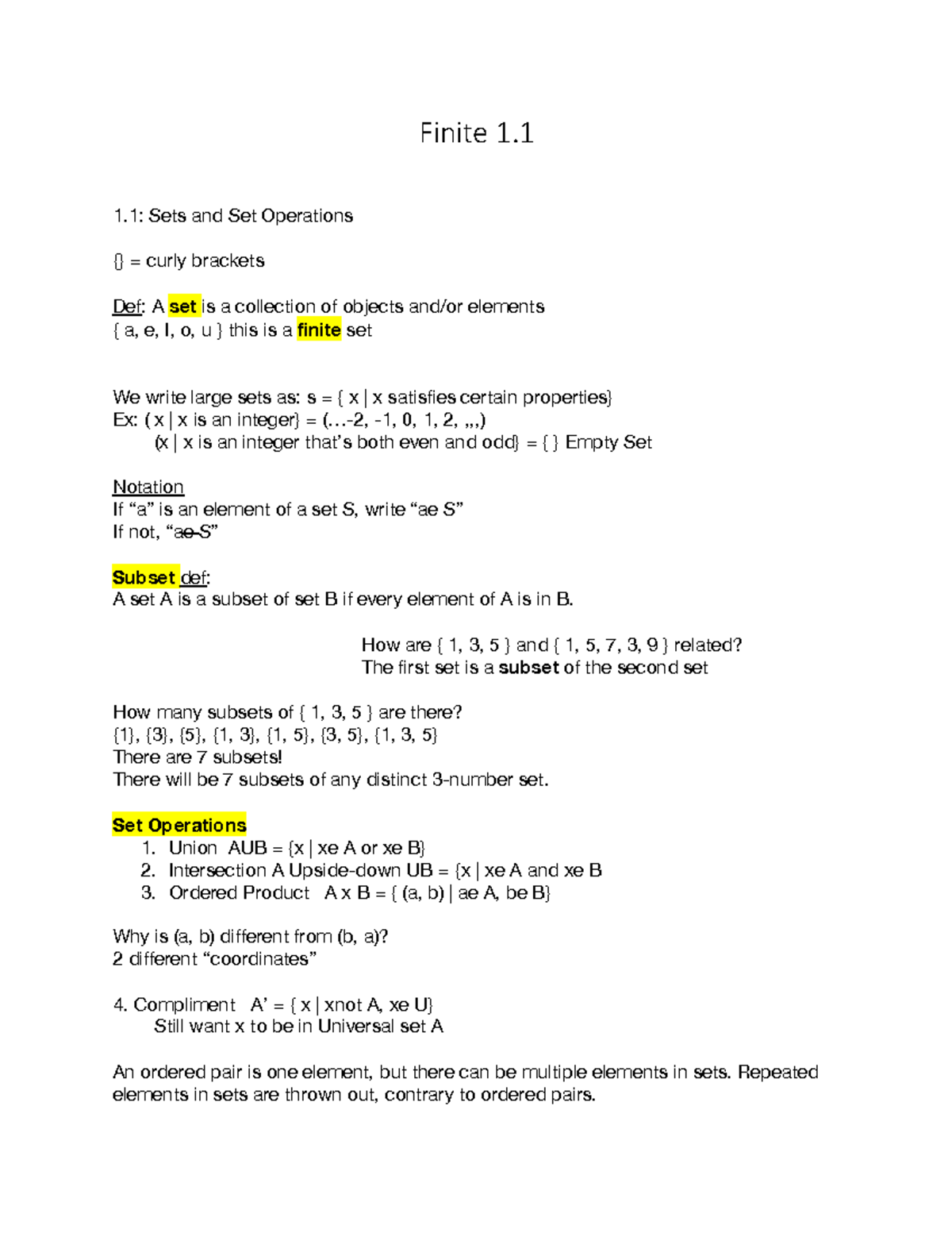 Finite Mathematics 11 Finite 1 1 Sets And Set Operations Curly Brackets Def A Set Is
