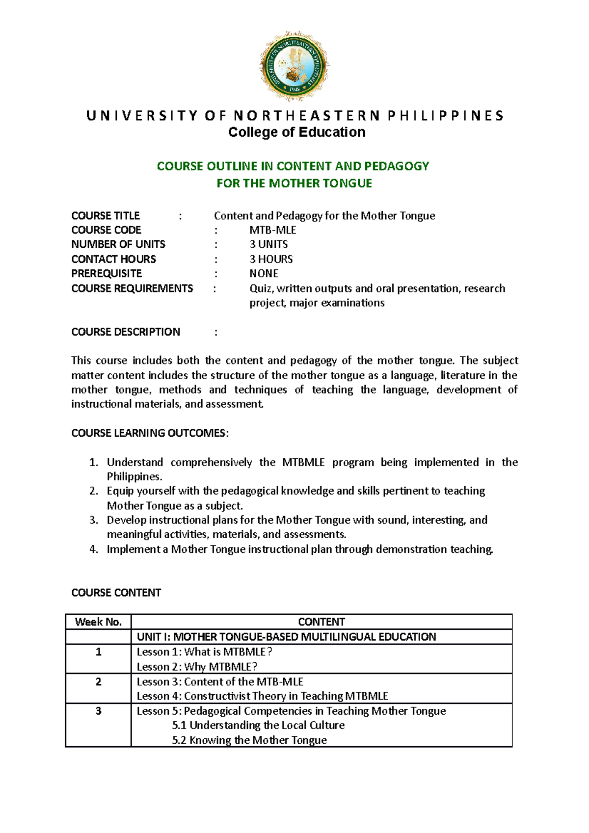 MTB Course Outline - U N I V E R S I T Y O F N O R T H E A S T E R N P ...