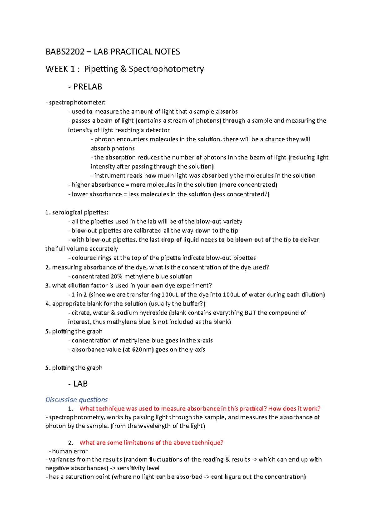 BABS2202 - lab wk 1 - BABS2202 – LAB PRACTICAL NOTES WEEK 1 : Pipetting ...