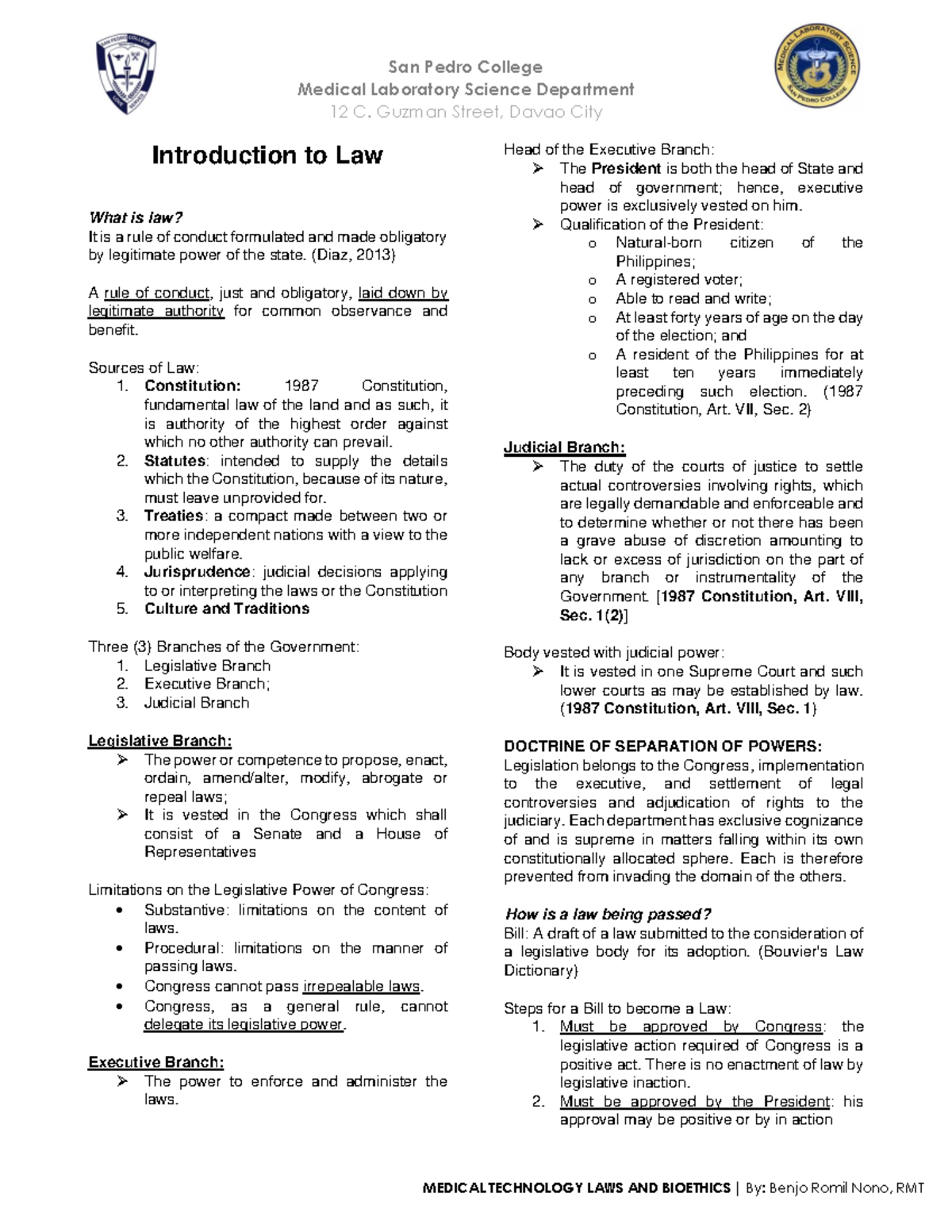 Introduction to Law - n/a - Medical Laboratory Science - Studocu