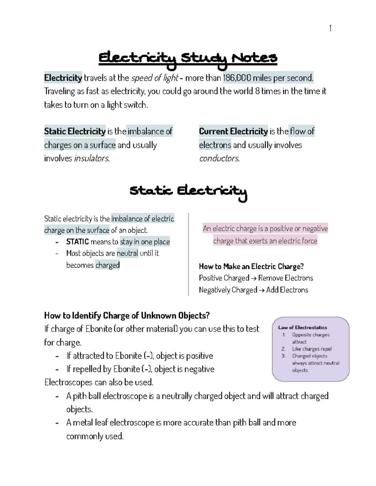 Electricity Study Notes - 1 Electricity Study Notes Electricity travels ...
