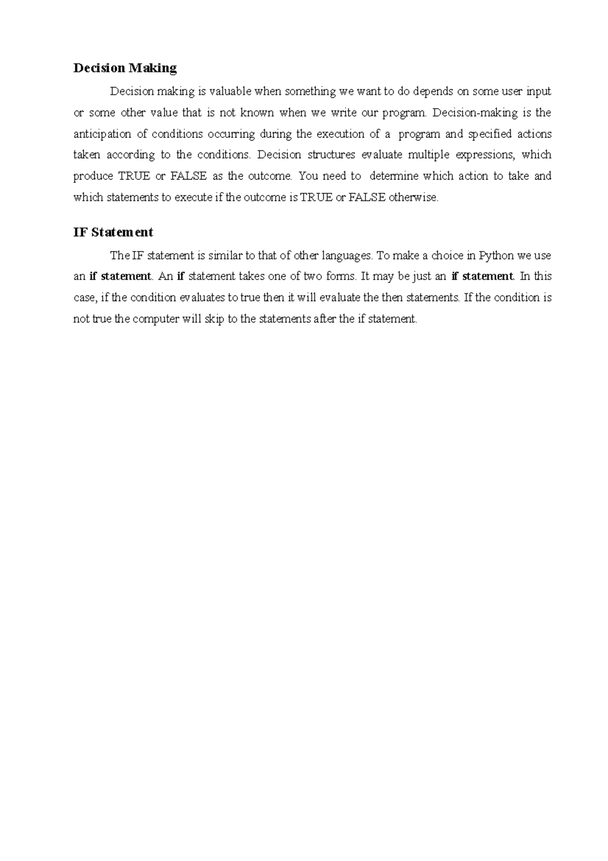Control statements - lecture notes - Decision Making Decision making is ...