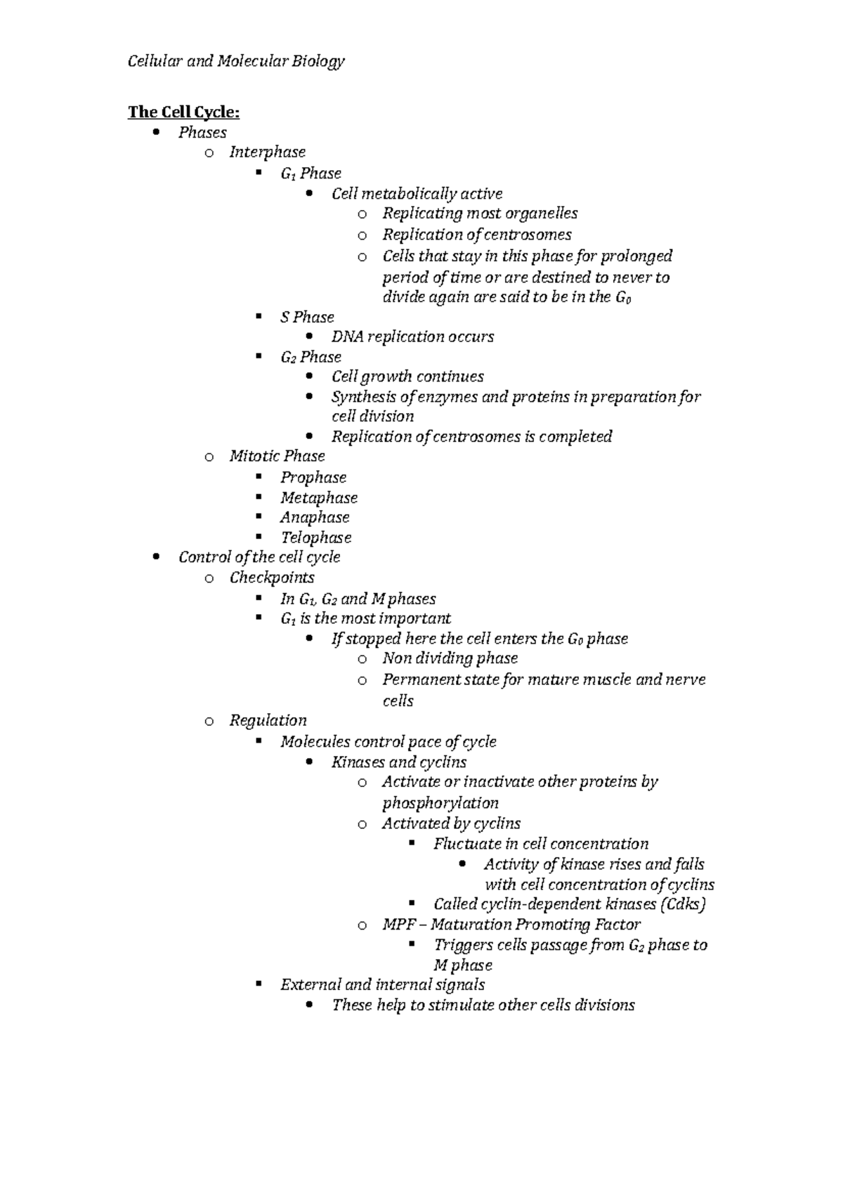 The Cell Cycle Lecture Notes - Cellular and Molecular Biology The Cell ...