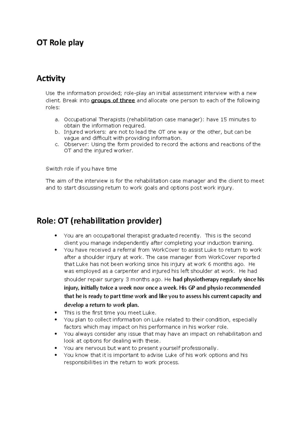 Role Play Scenario OT OTHY207 worksheet - OT Role play Activity Use the ...