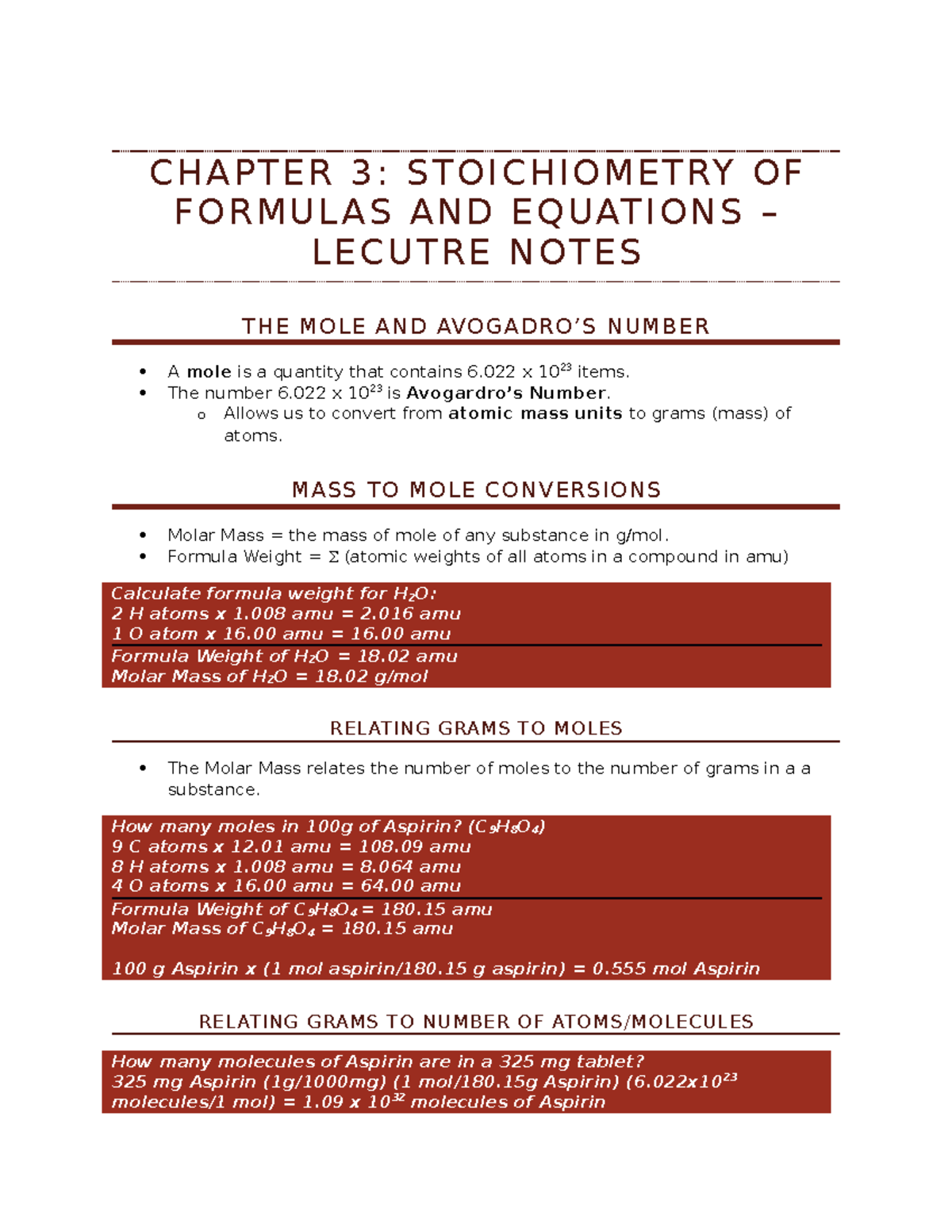 Ch 3 - Stoichiometry Lecture - C H A P T E R 3 : S T O I C H I O M E T RY O F F O R M U L A S A ...