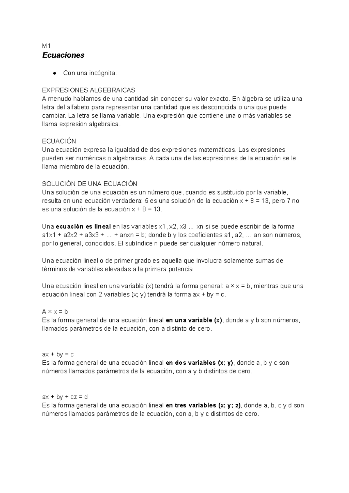 Resumen Algebra - M Ecuaciones Con una incógnita. EXPRESIONES ...