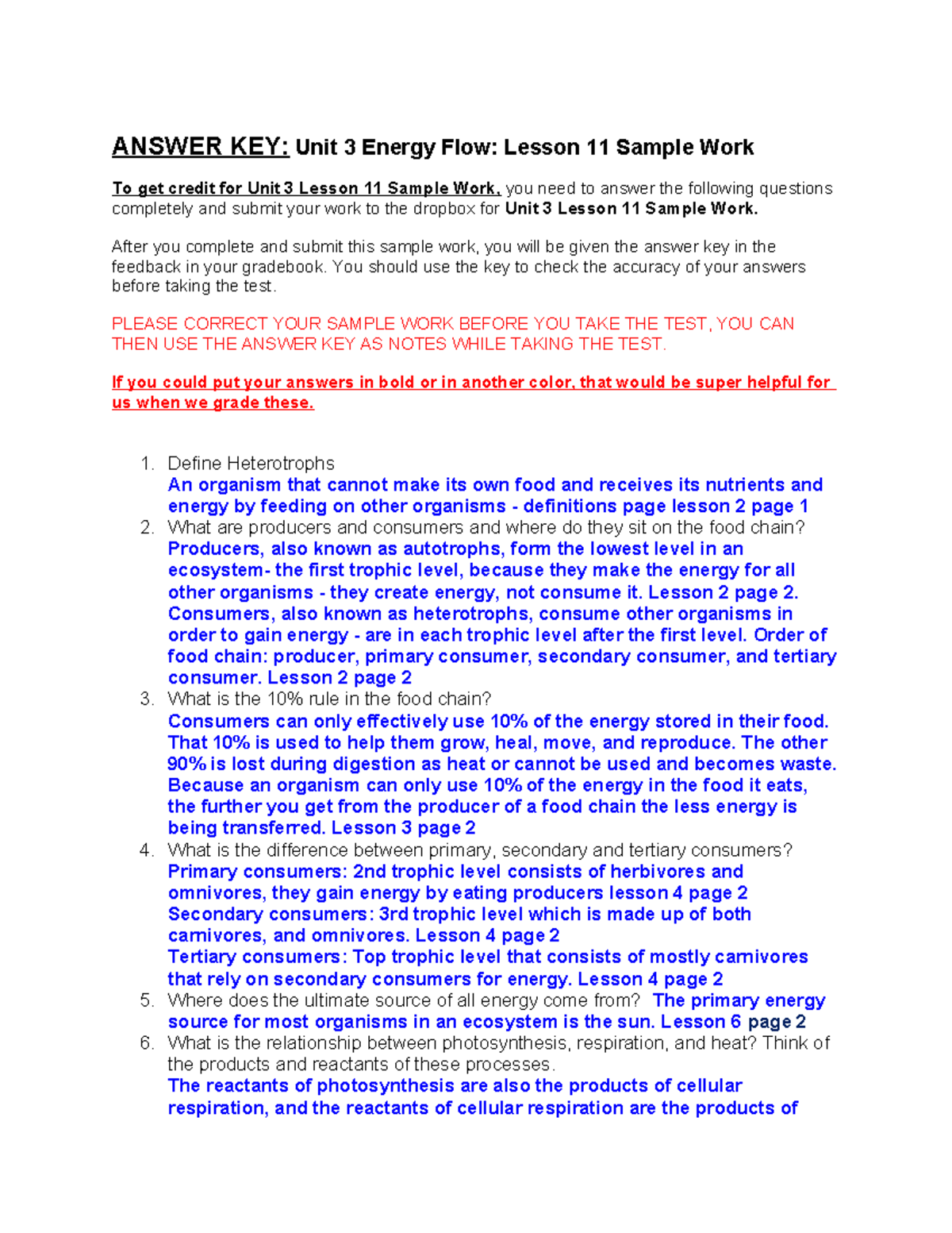 KEY 23-24 Bio B Unit 3 Energy Flow sample work - ANSWER KEY: Unit 3 ...