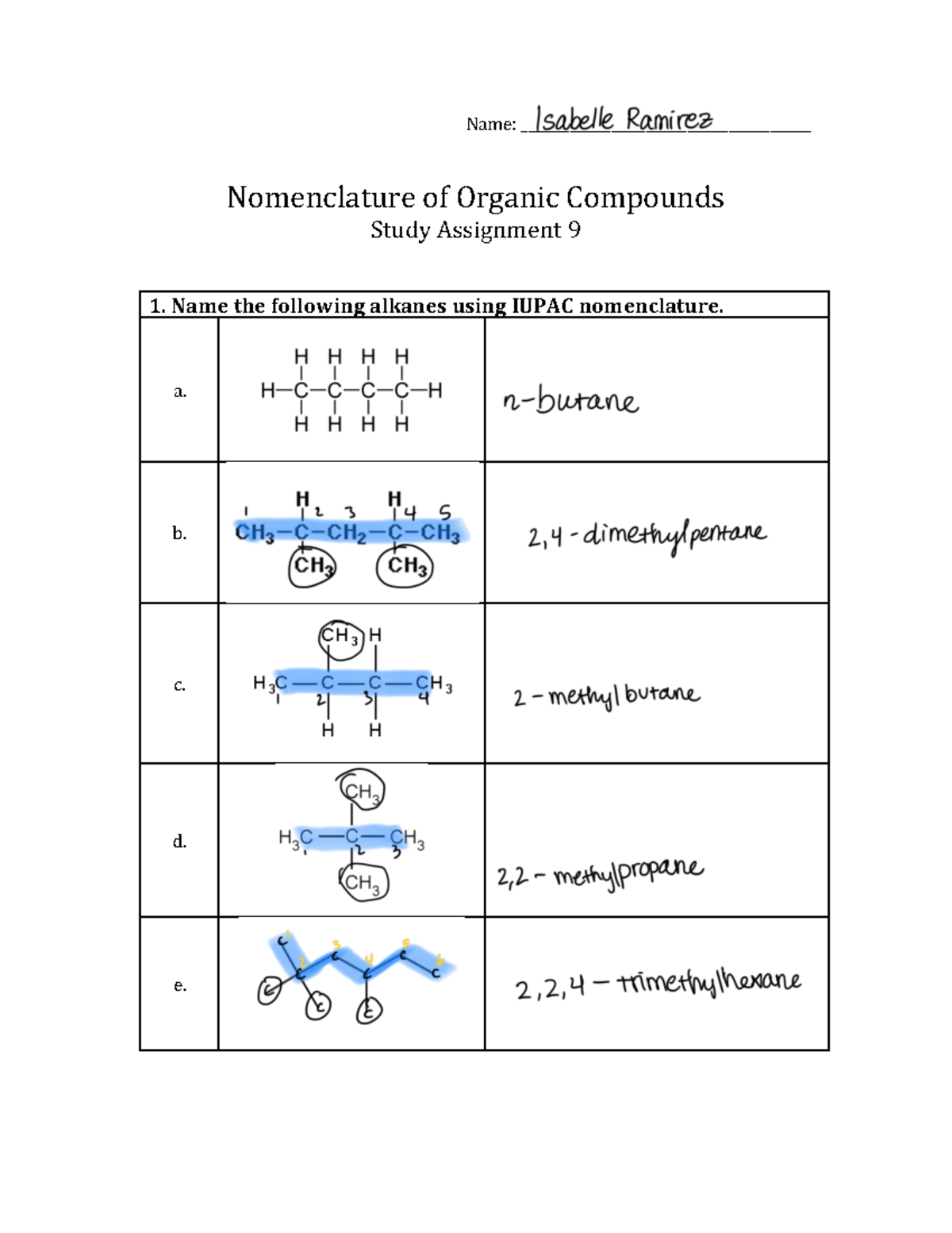 Nomenclature of Organic Compounds Lab - CHE 2B - Name