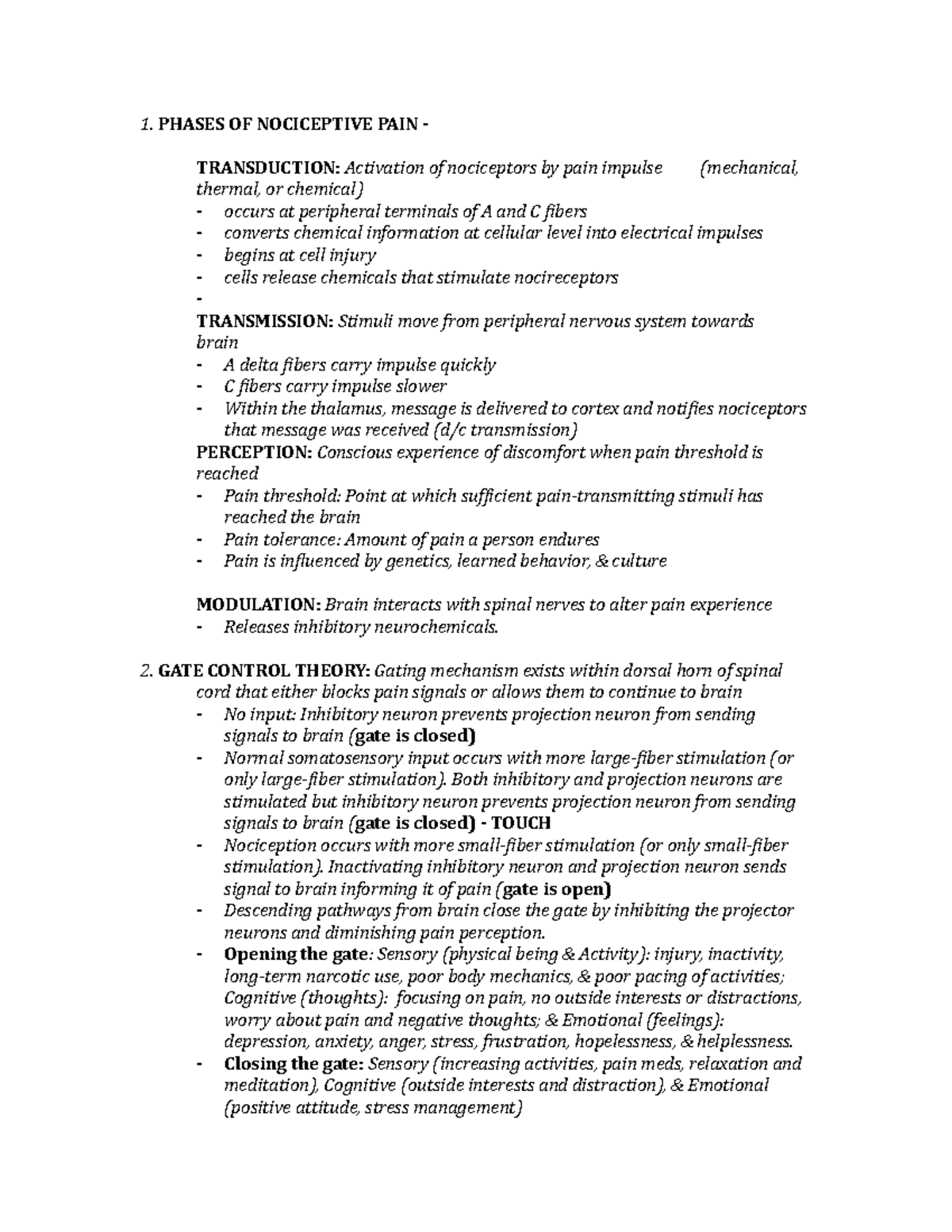Pain notes - Types of pain - 1. PHASES OF NOCICEPTIVE PAIN ...