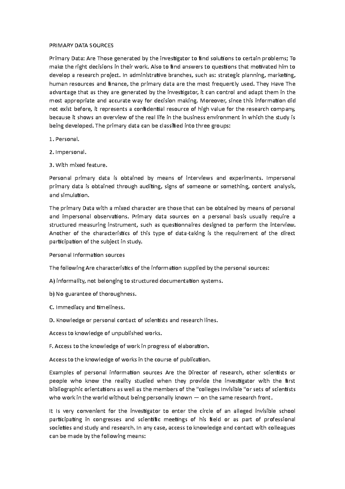 Primary DATA Sources - Lecture notes 1 - PRIMARY DATA SOURCES Primary ...
