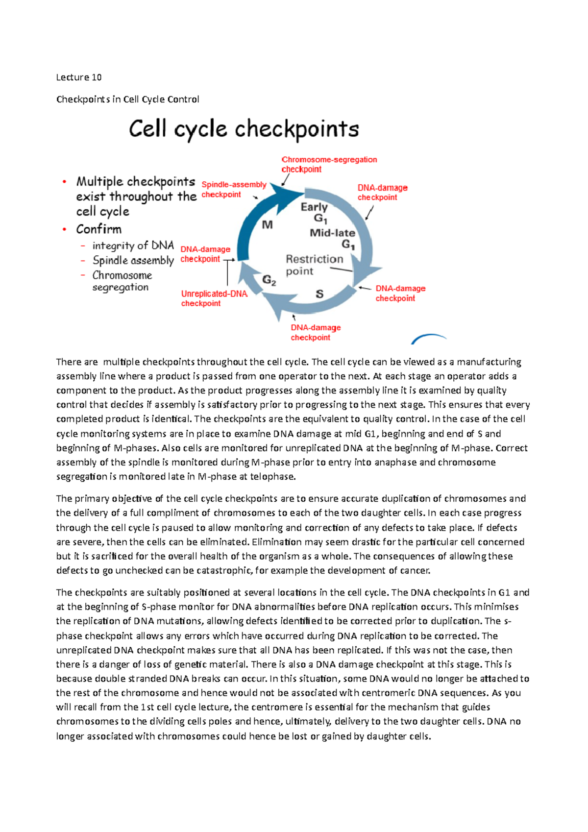 Cell checkpoints 3 (lecture 10) - Lecture 10 Checkpoints in Cell Cycle Control There are ...
