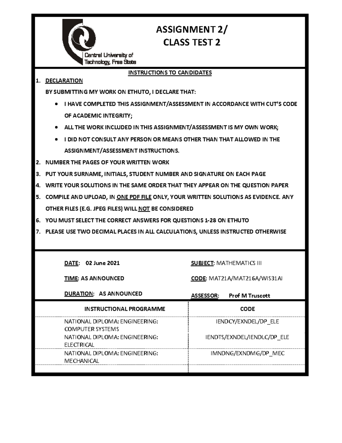 M3 Assignment 2 Sem1 2021 02 June 2020000 - ASSIGNMENT 2/ CLASS TEST 2 ...