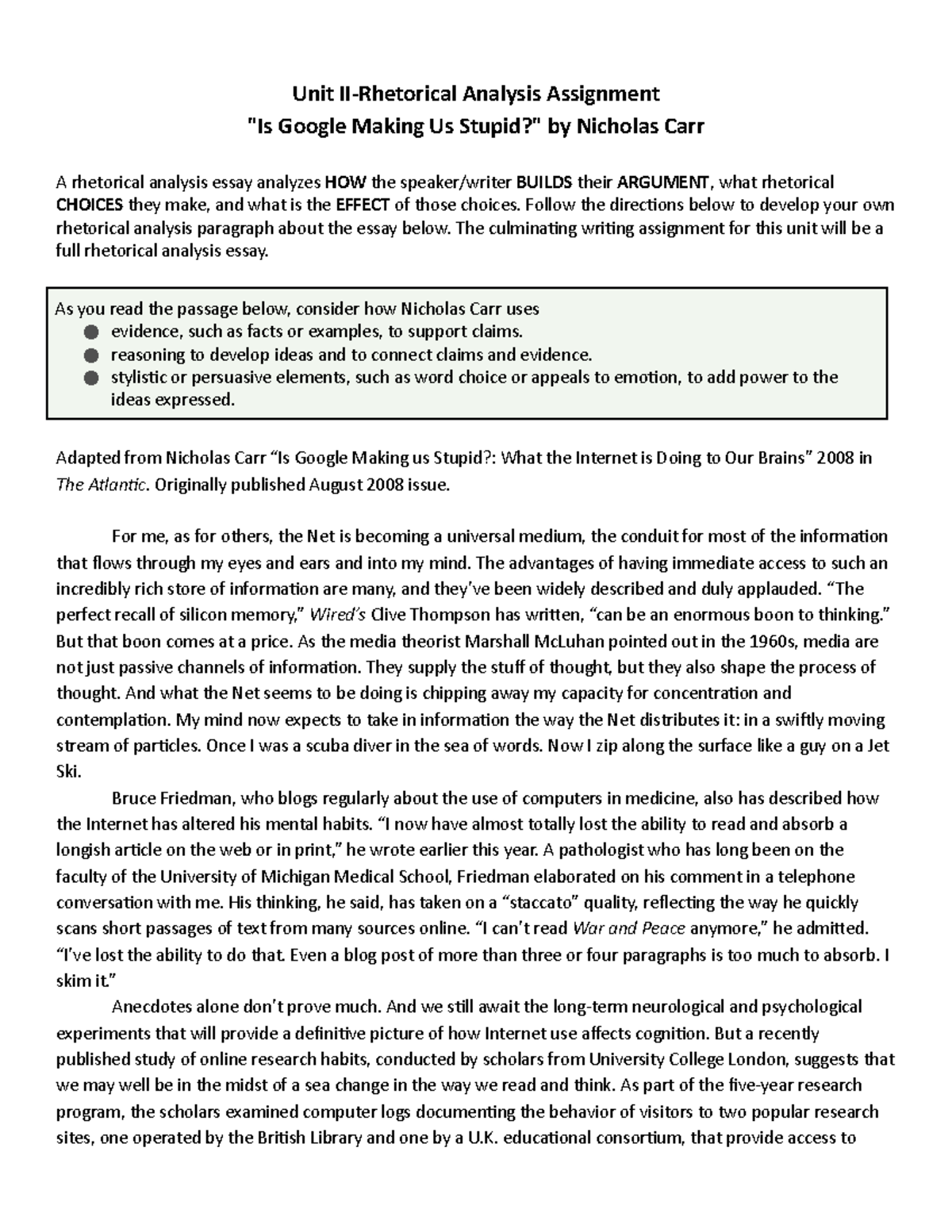 Unit 2 Rhetorical Analysis Paragraph- Honors- Eng III, F21 - Unit II ...