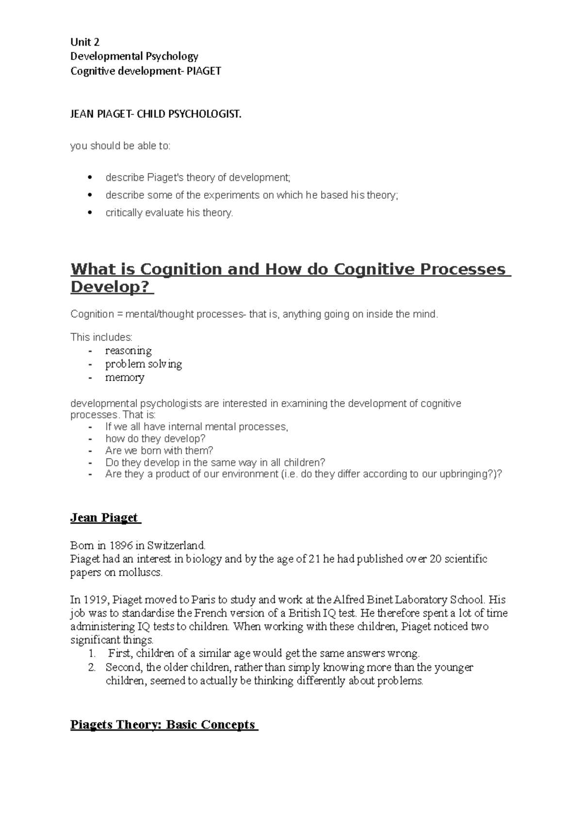 Lecture notes 2: JEAN PIAGET- CHILD PSYCHOLOGIST. - Developmental ...