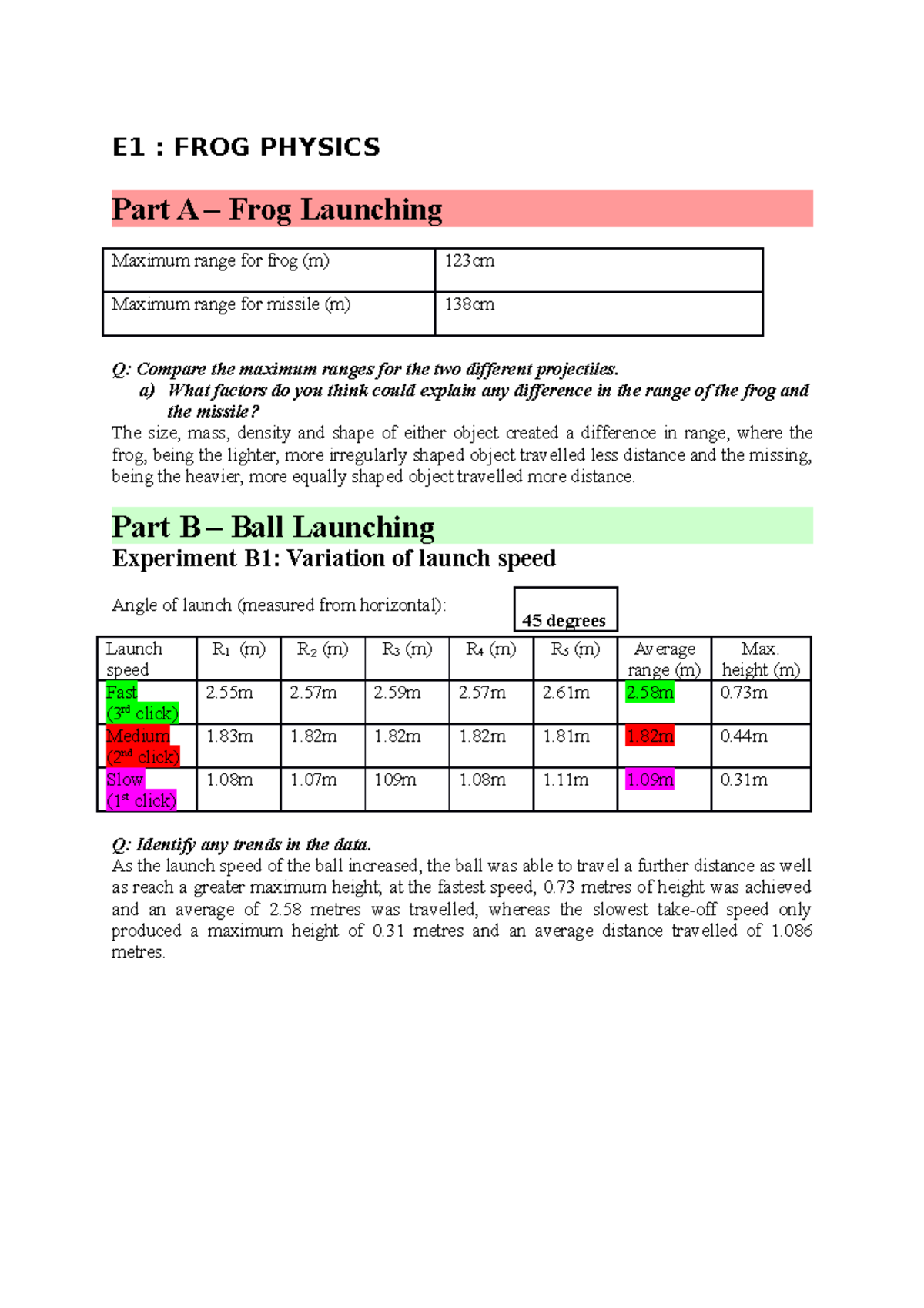 Practical 1 Report - E1 : FROG PHYSICS Part A – Frog Launching Maximum ...