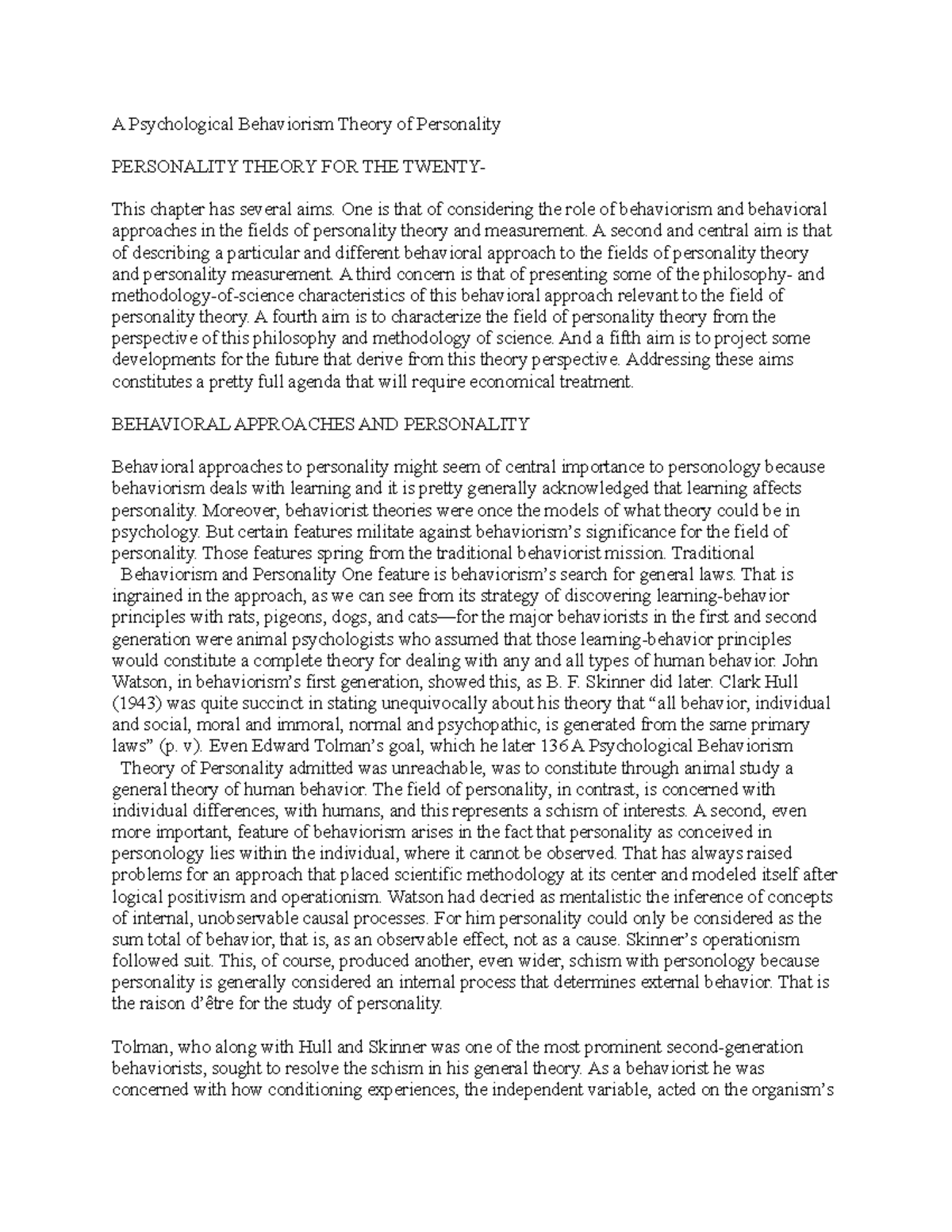 -A Psychological Behaviorism Theory of Personality - A Psychological ...