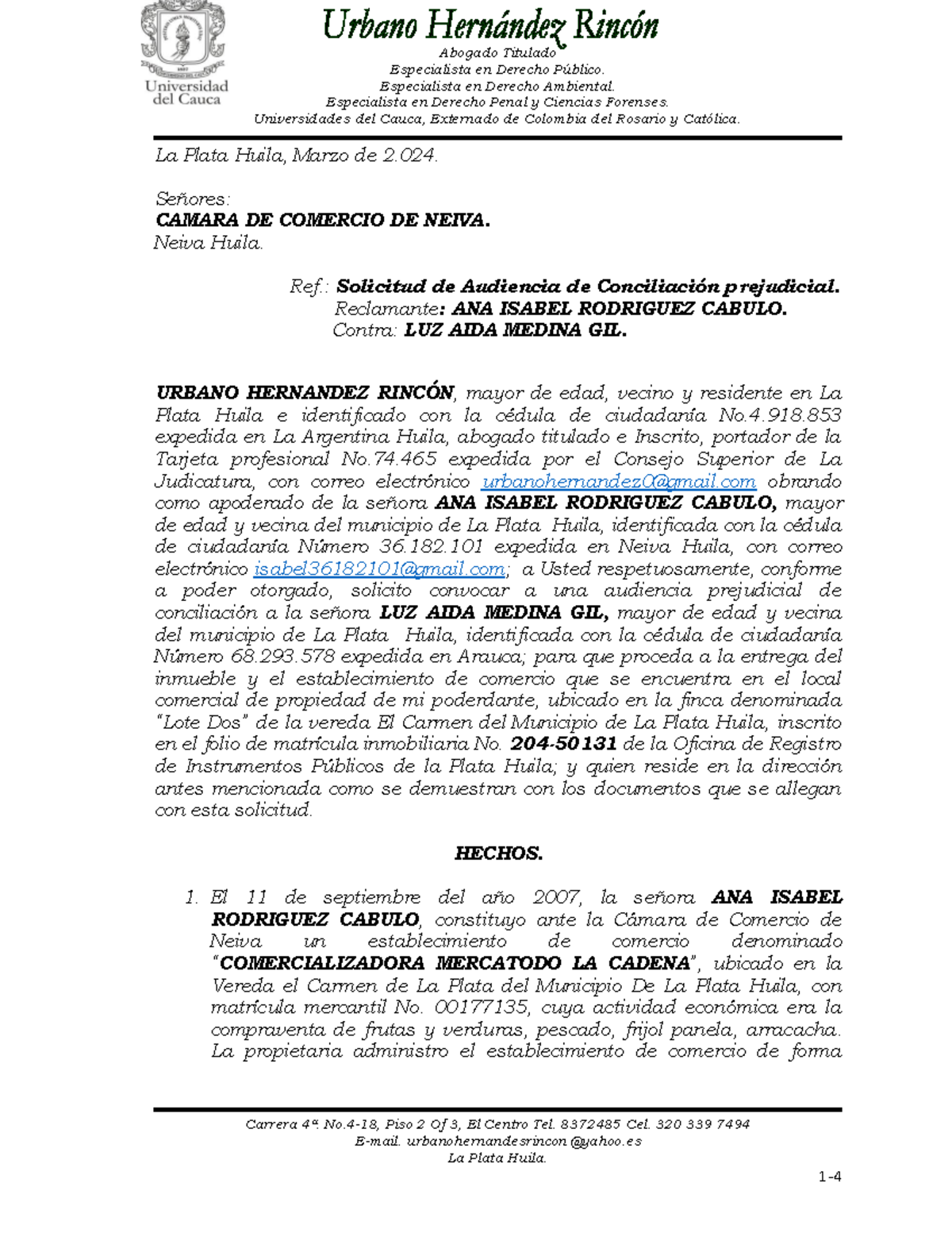 Solicitud Conciliacion Camara DE Comercio ANA Isabel Rodriguez Cabulo ...