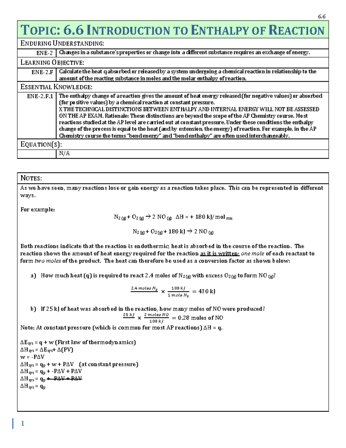 6.6 Introduction to enthalpy of reaction Student - 6. 1 TOPIC: 6 ...