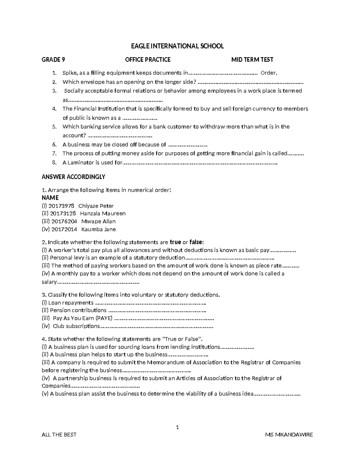 G9 - Office practice questions on filing - EAGLE INTERNATIONAL SCHOOL ...