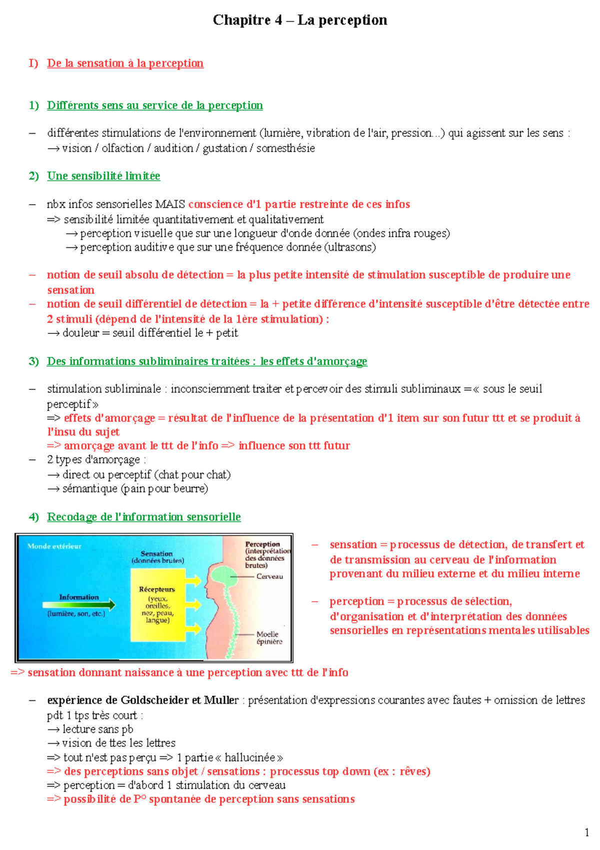 Chapitre 4 - La perception - Chapitre 4 – La perception I) De la ...