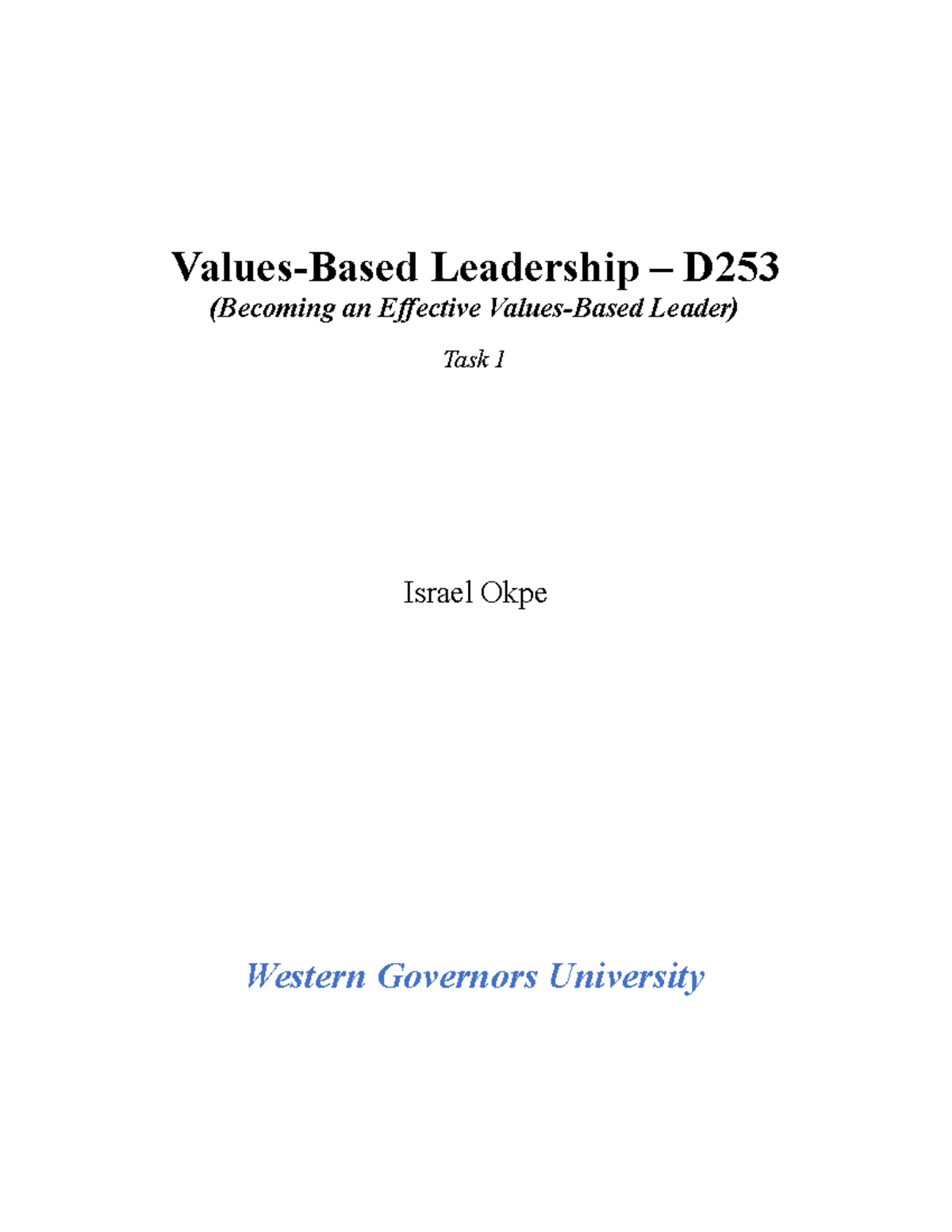 Israel Okpe - Values-Based Leadership PA - Values-Based Leadership – D ...