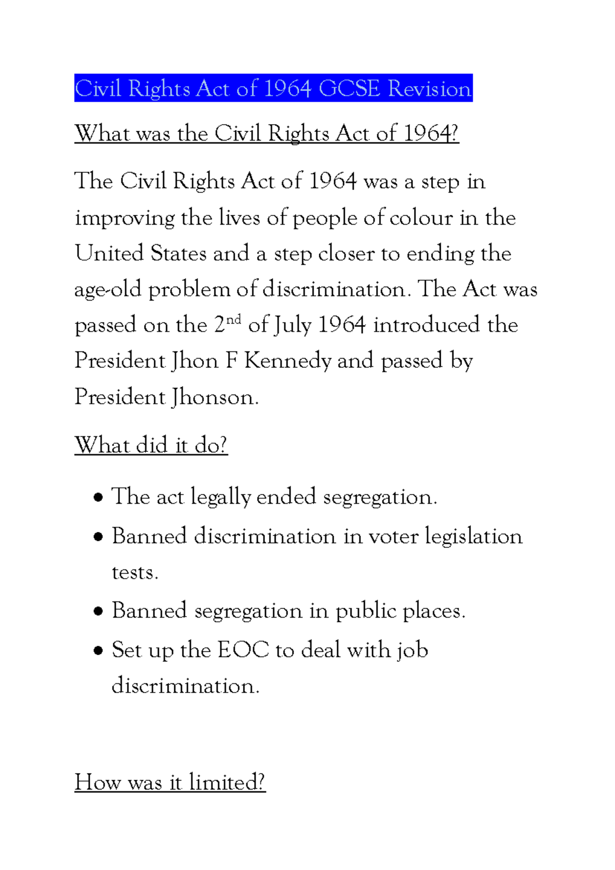 Civil Rights Act of 1964 - Civil Rights Act of 1964 GCSE Revision What ...