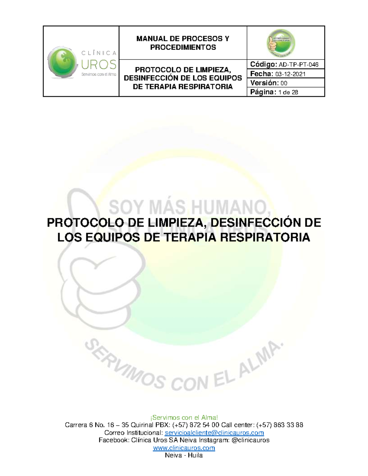 AD-TP-PT-046- Protocolo DE Limpieza, Desinfección DE LOS Equipos DE Terapia Respiratoria ...